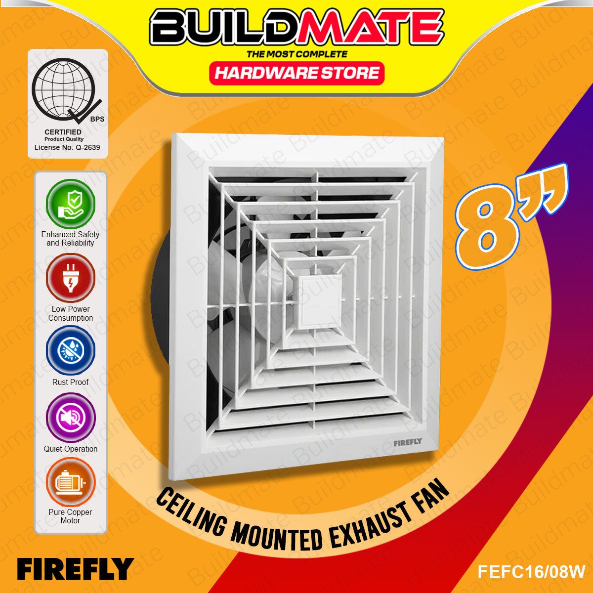 BUILDMATE Firefly 8" Inch Ceiling Mounted Exhaust Fan Wide Grille Air ...