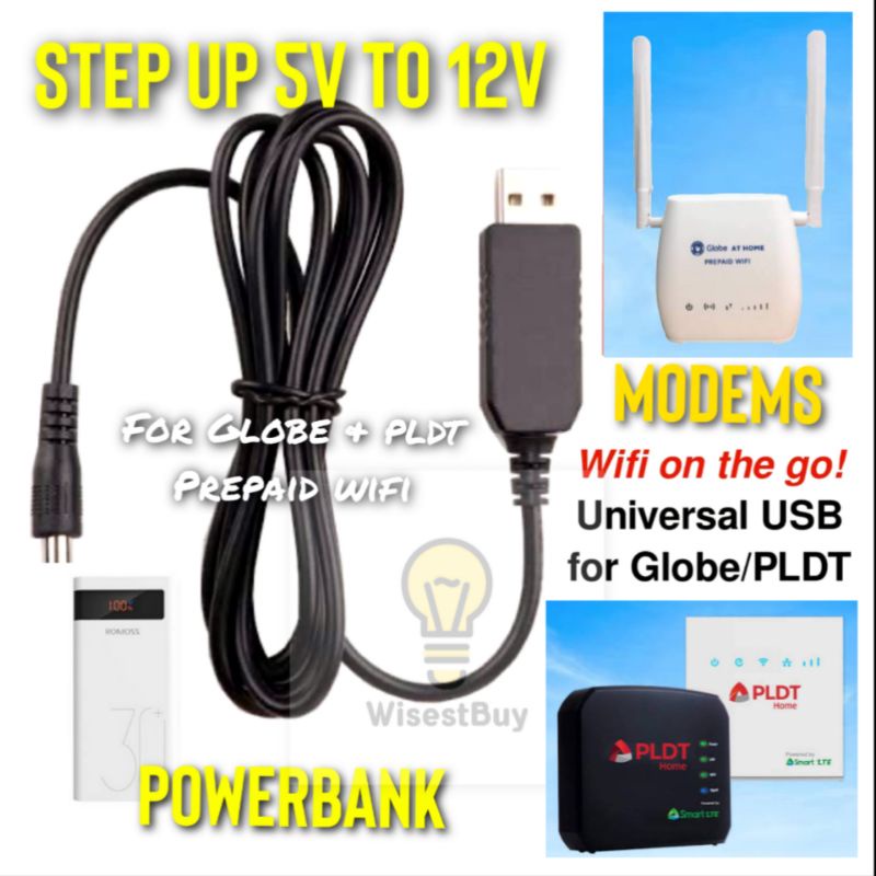 PLDT & GLOBE prepaid wifi modems from 5v to 12v Step Up Adapter Cable ...