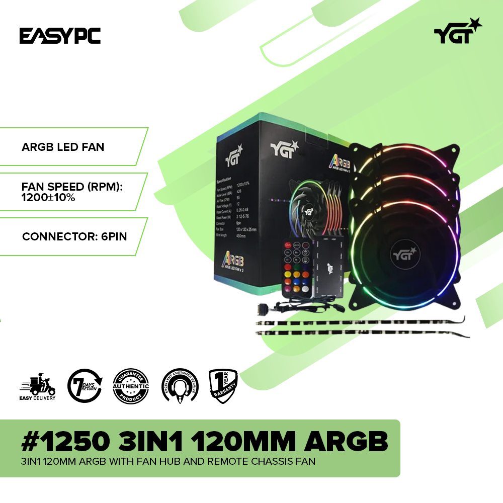 EasyPC | YGT #1250 3in1 120mm ARGB with fan HUB and remote Chassis Fan ...