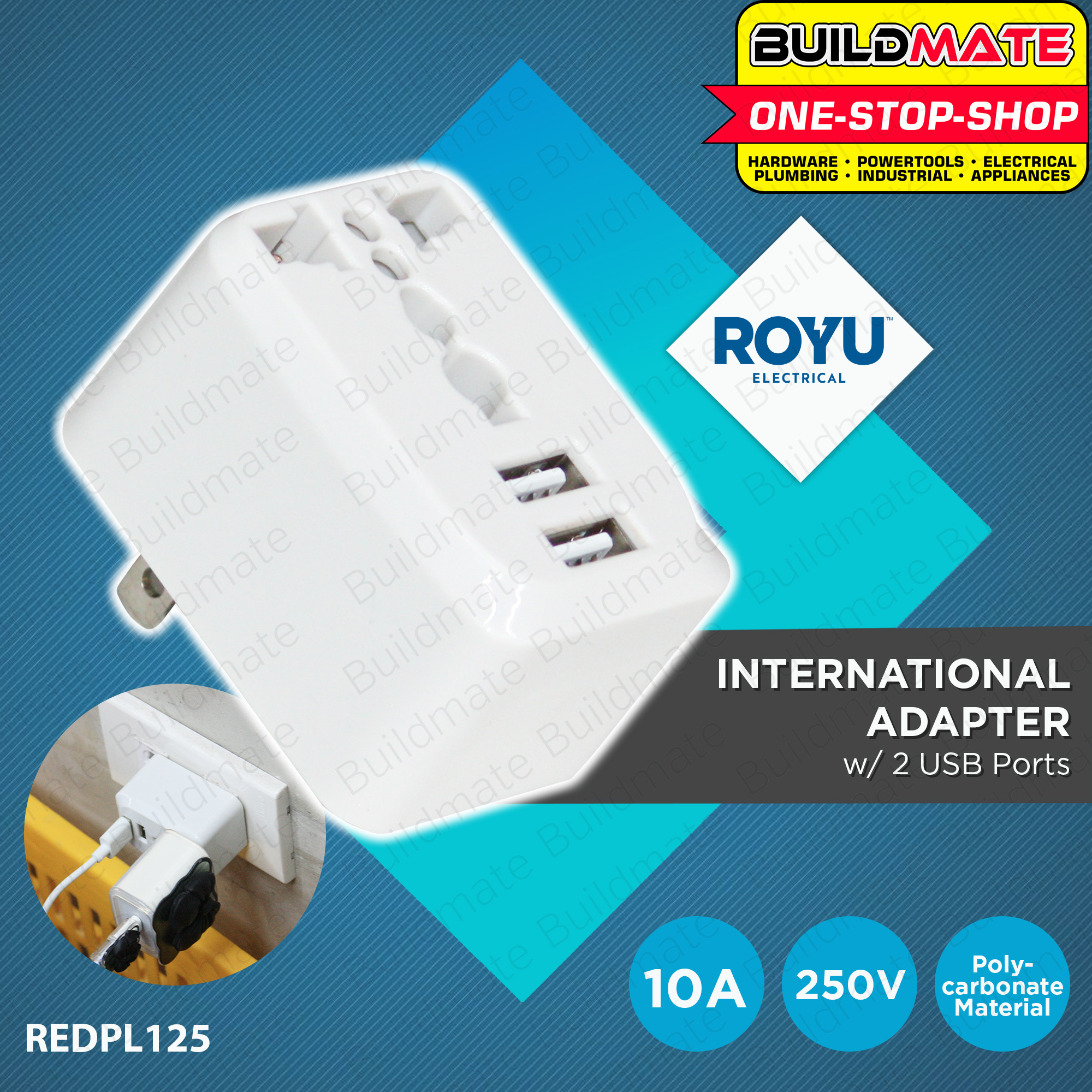 BUILDMATE Royu 10A 250V Universal Adapter Outlet 2 USB Charger Switch Adaptor Plug Socket Power ...