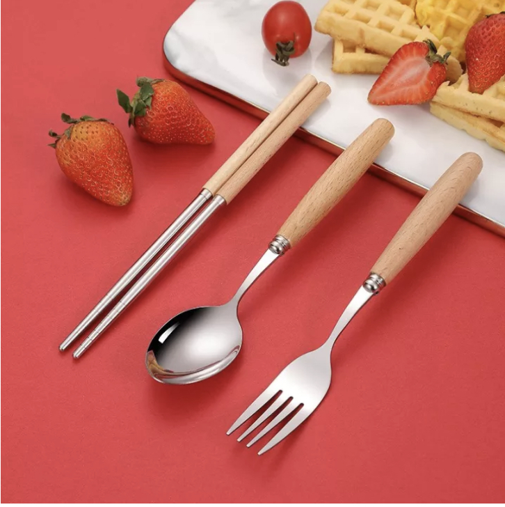 3in1 Wooden Handle Stainless Steel Cutlery Set With Box Case For ...
