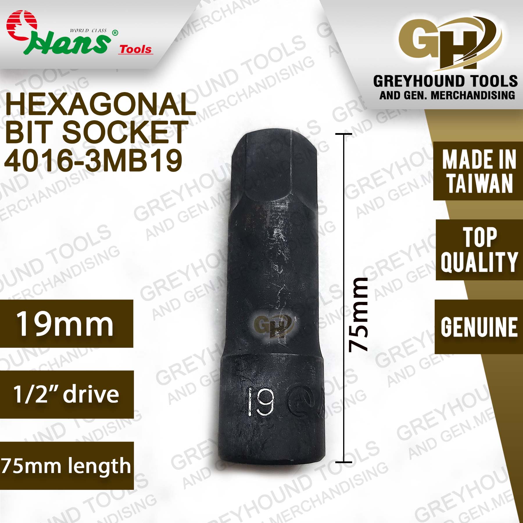 Hans 1/2 inch Drive Hex Bit Socket 19mm 75mm 4016-3MB19 Hexagonal | Bit ...