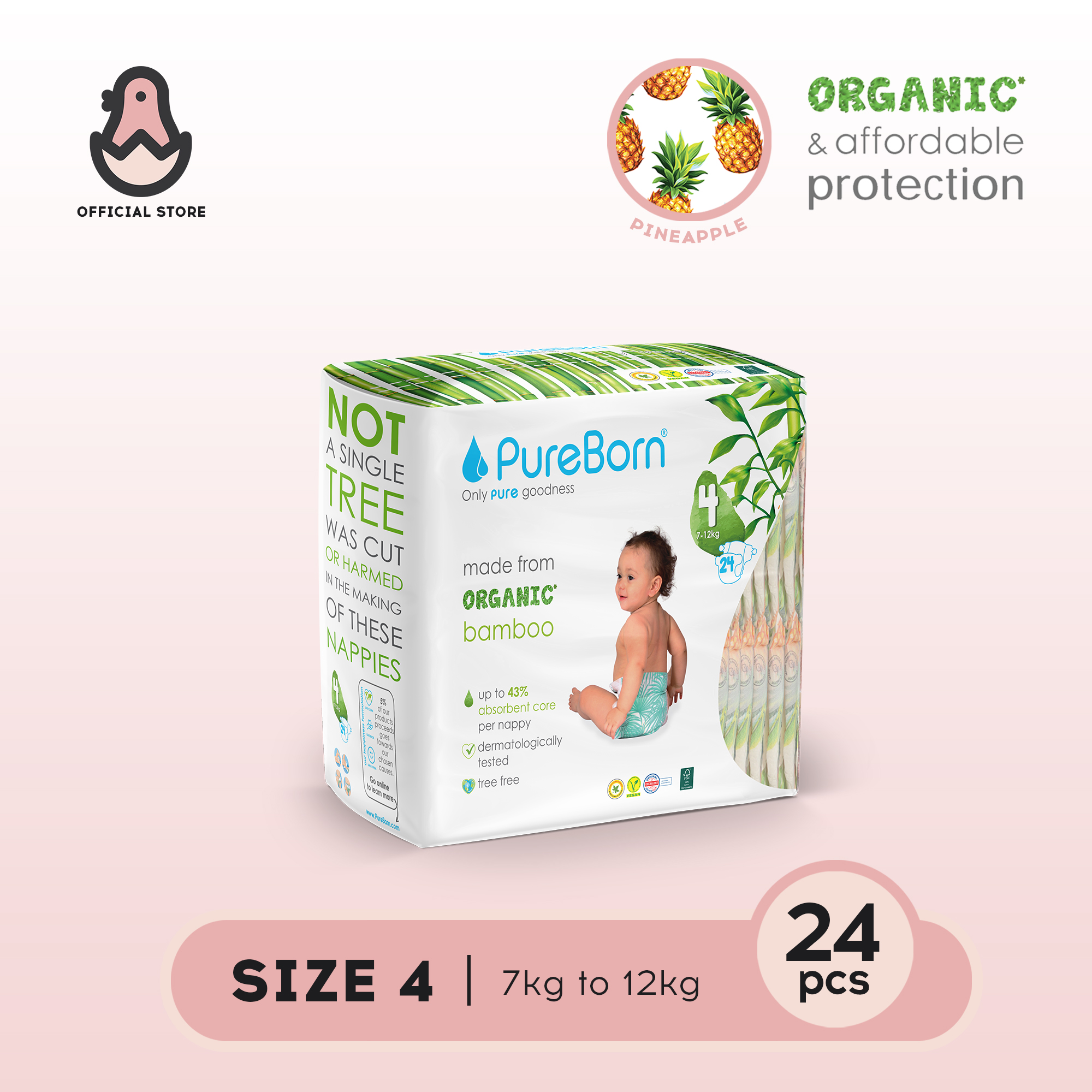 PureBorn Bamboo Diapers (Tape) - Size 4 Large (7 - 12kg)/ Pineapple ...