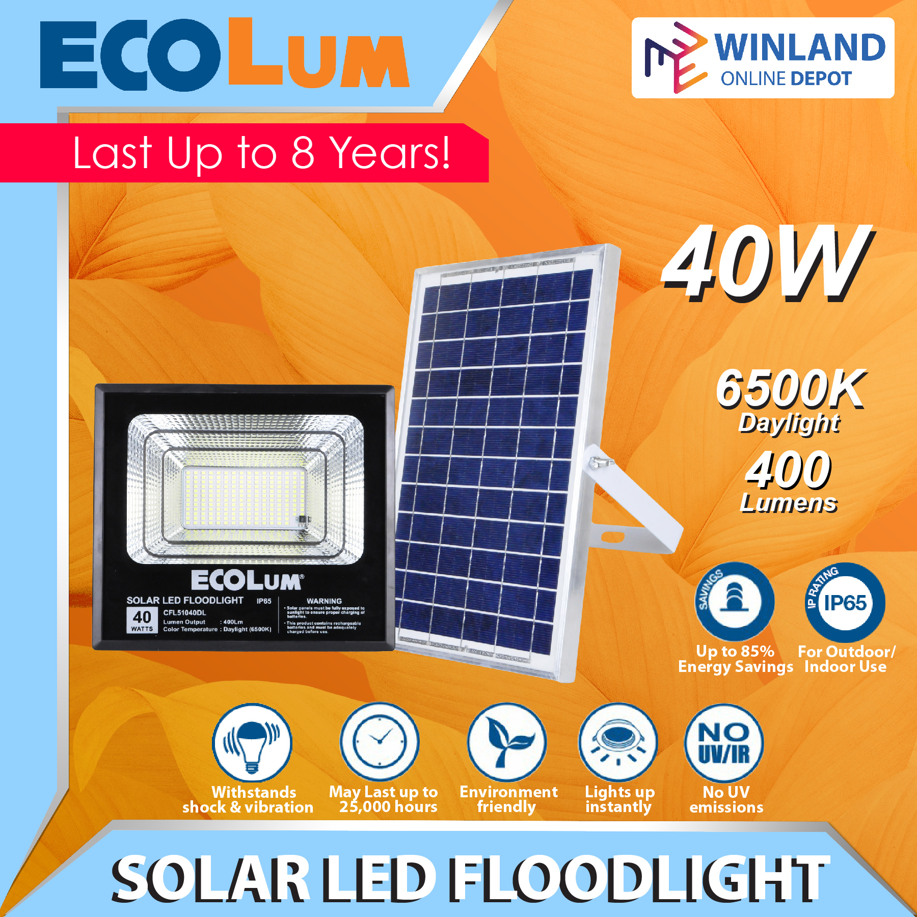 FIREFLY by Winland ECOLUM Solar Led Floodlight Flood light 40W / 400 ...