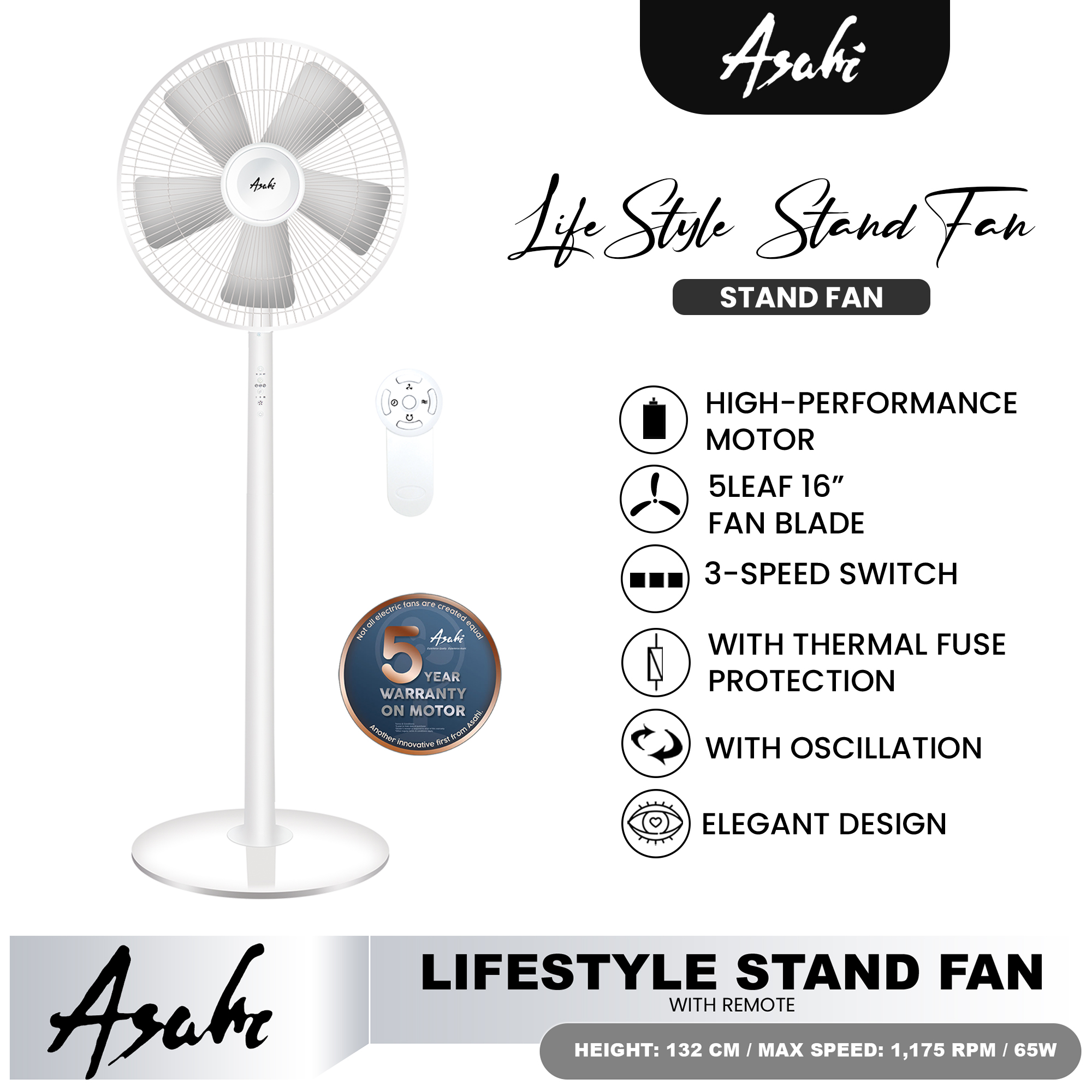 Asahi 16" Elegant Design Stand Fan 5 Leaves Fan Blade w/ Remote | Lazada PH