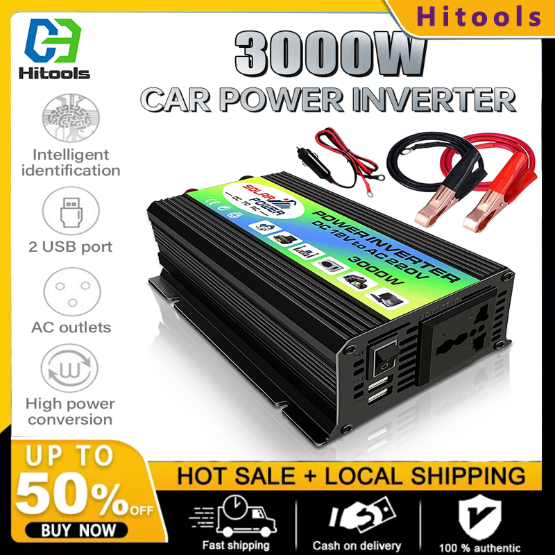 HiTools Car Power Inverter DC 12V To AC 220V 3000W Sine Wave Solar ...