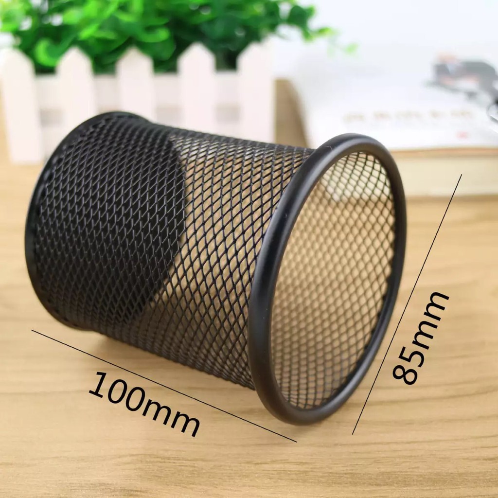 Round Mesh Pen Cup, Black Metal Pencil Holder for Desk Office Pen ...