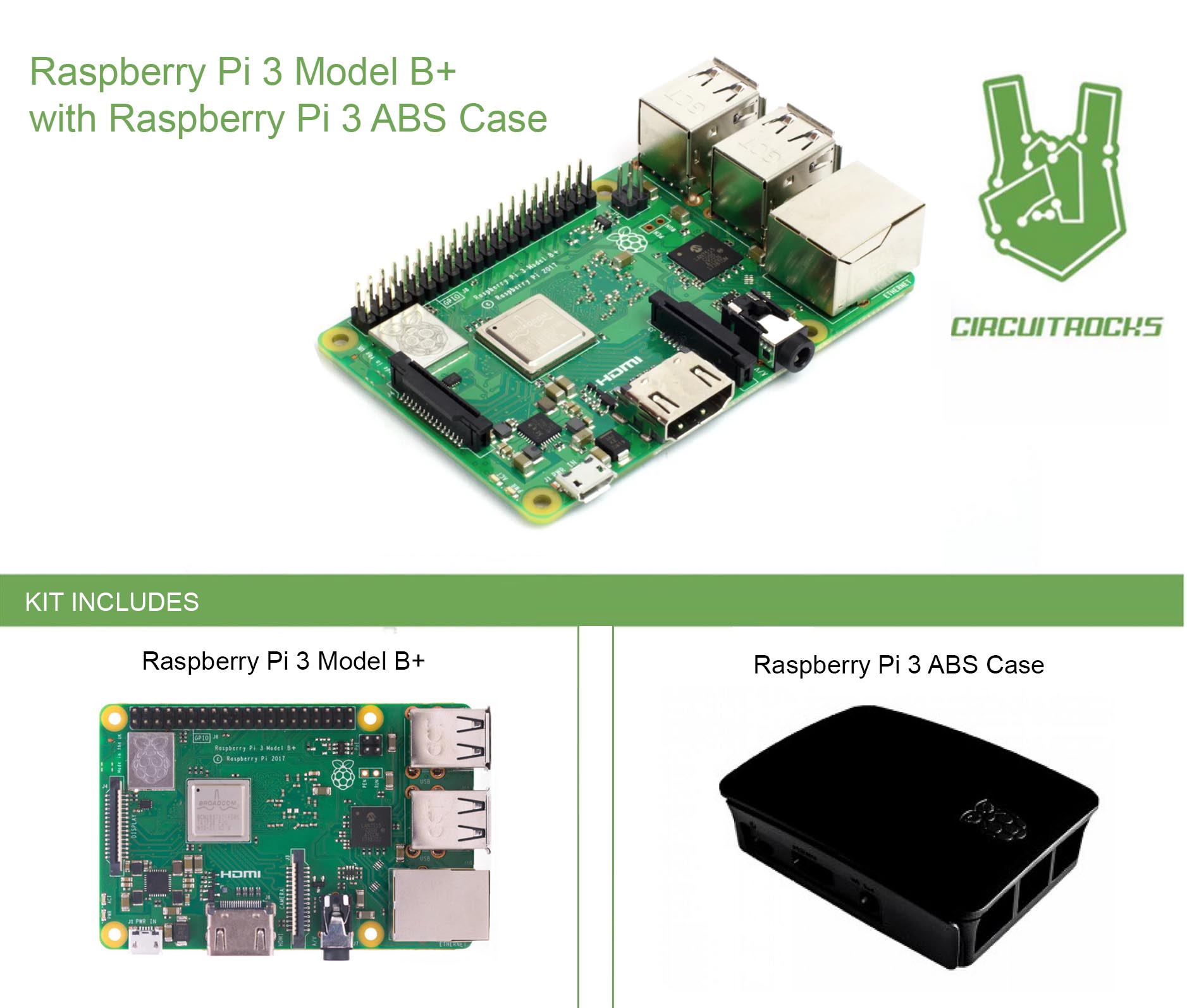 Circuitrocks Raspberry Pi 3 Model B+ with Raspberry Pi 3 ABS Case For Micro USB or Power over ...