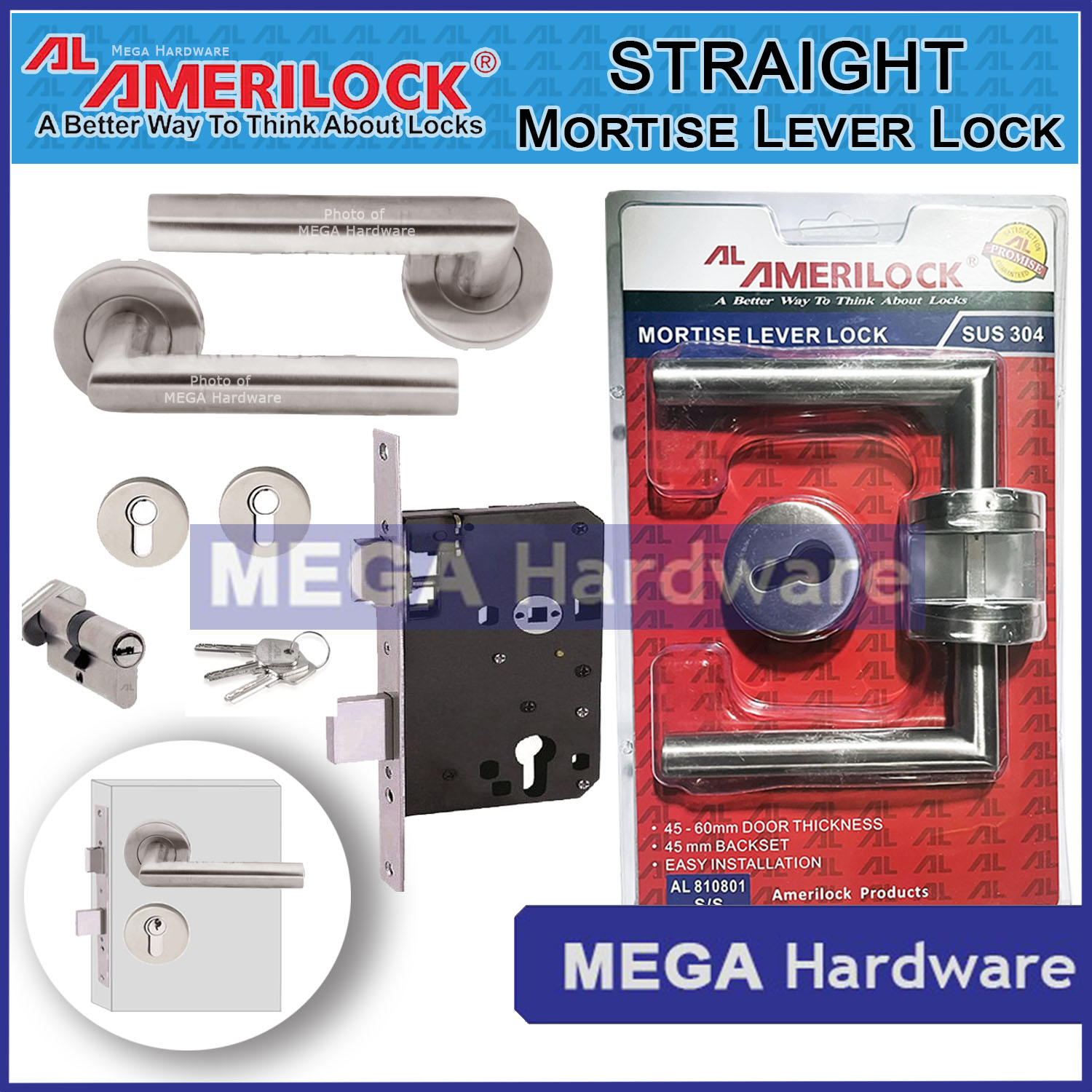 AMERILOCK Mortise Lever Lockset Easy Install Condo-Style Hotel-Style ...