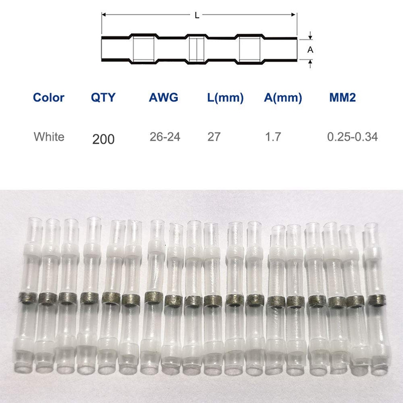 200PCS 26-24 AWG White Solder Seal Wire Connectors , Heat Shrink Butt ...