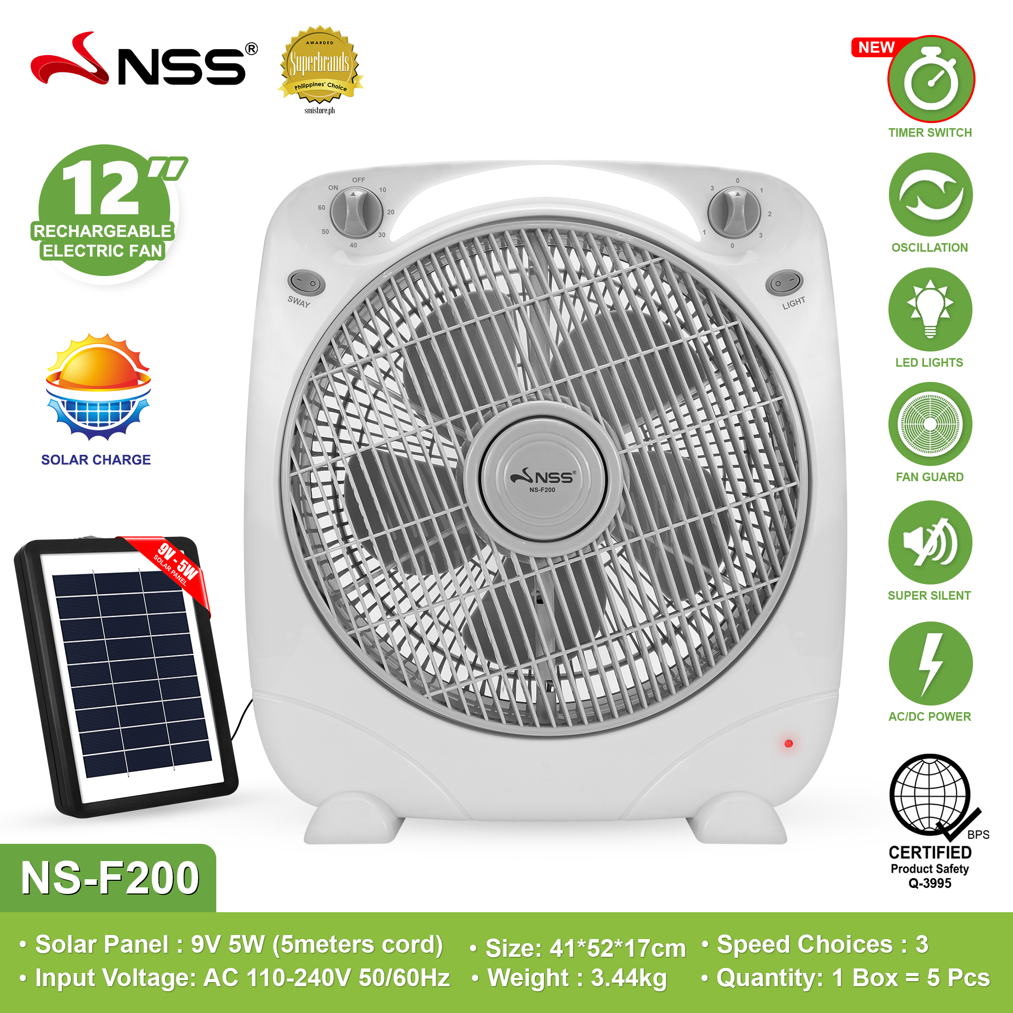 Nss Electric fan 12 inch Solar fan 9 speed AC/DC Dual Power ...