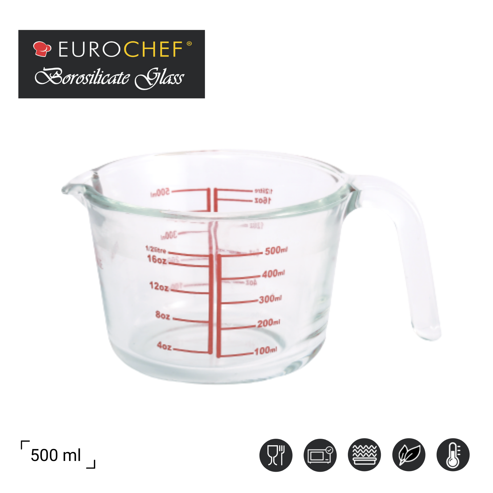 Eurochef 500mL 2 Cups Borosilicate Glass Measuring Cup 16oz 9500 with ...