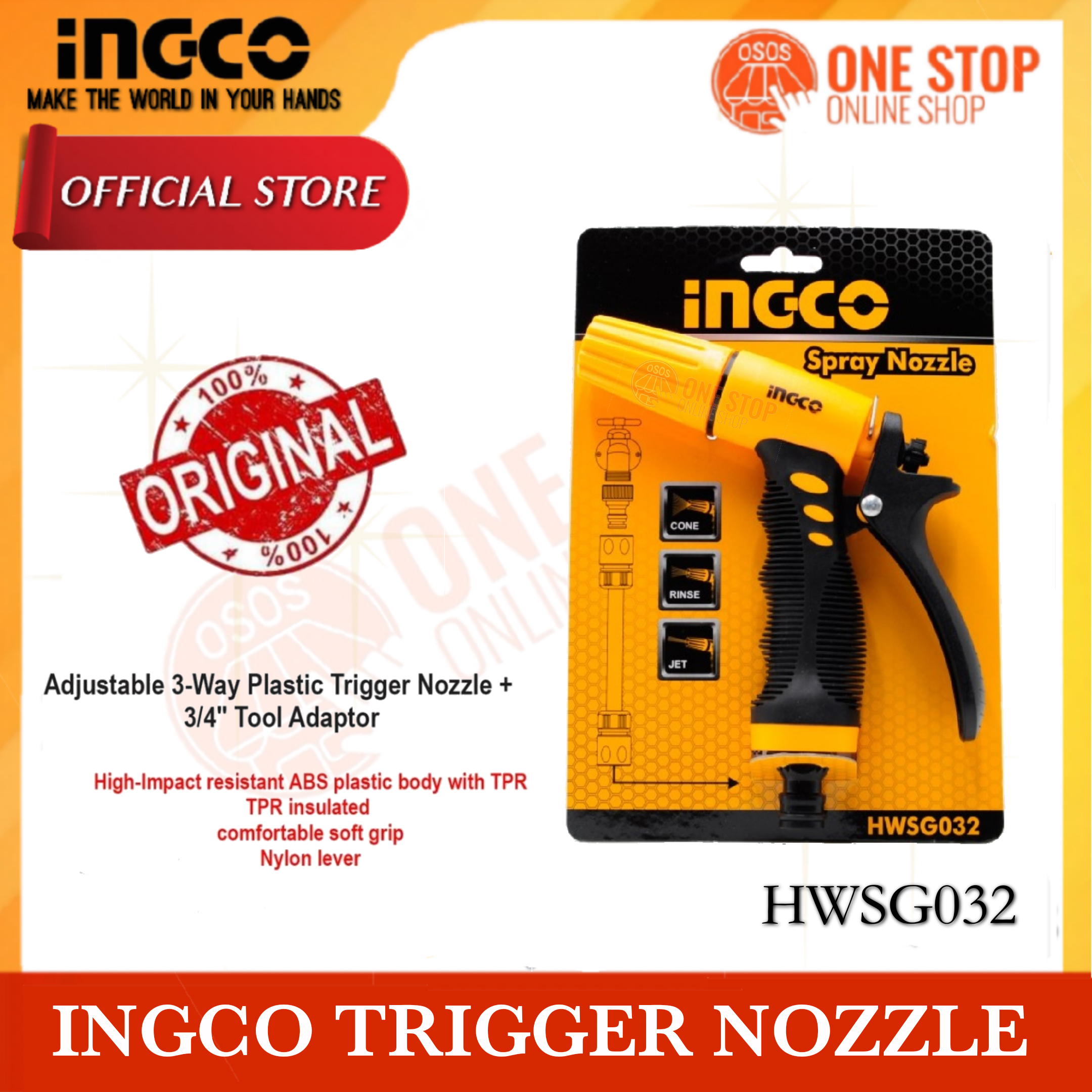 INGCO Original Garden Spray Nozzle with 3 Different Patterns HWSG032 ...