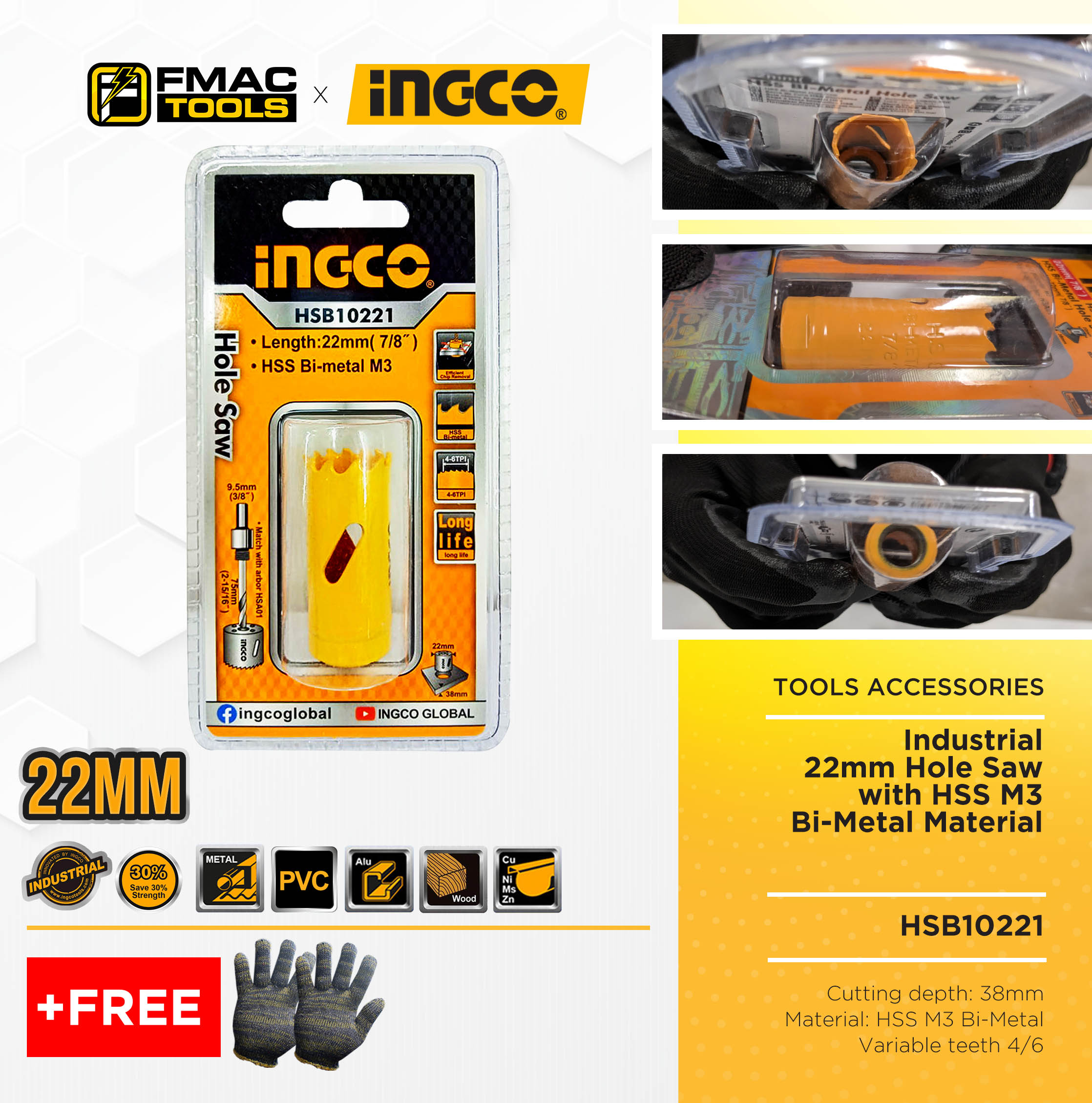 INGCO Industrial 22mm Hole Saw with HSS M3 Bi-Metal Material HSB10221 ...