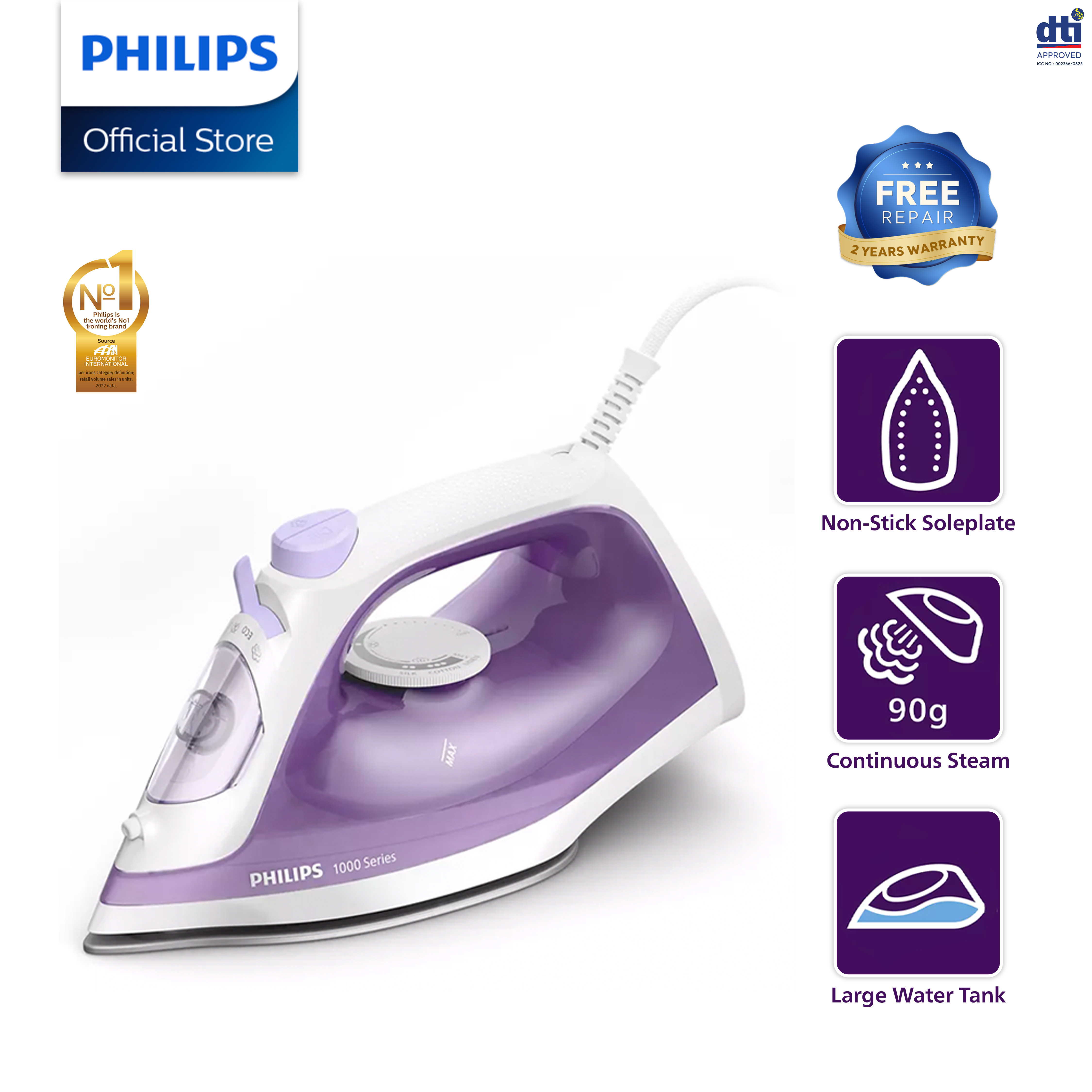 PHILIPS Garment Care Steam Iron DST1040/30 Non-Stick Soleplate Calc ...