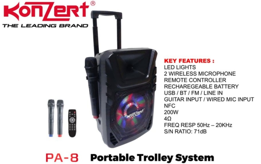 KONZERT PA-8 8" PORTABLE TROLLEY SPEAKER SYSTEM WITH BLUETOOTH / USB ...