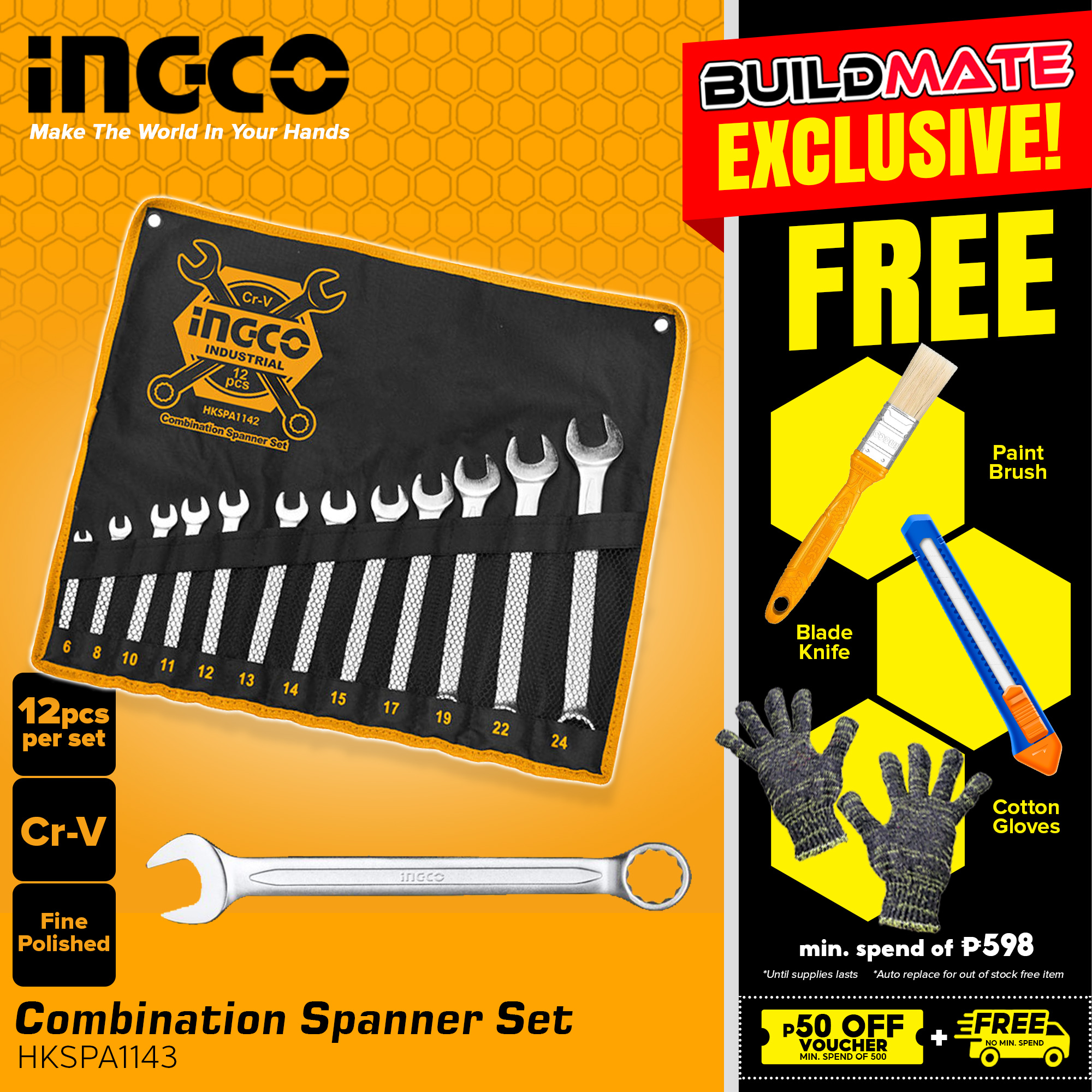 INGCO Combination Spanner 12PCS/SET 6-32mm HKSPA1143 •BUILDMATE• IHT ...