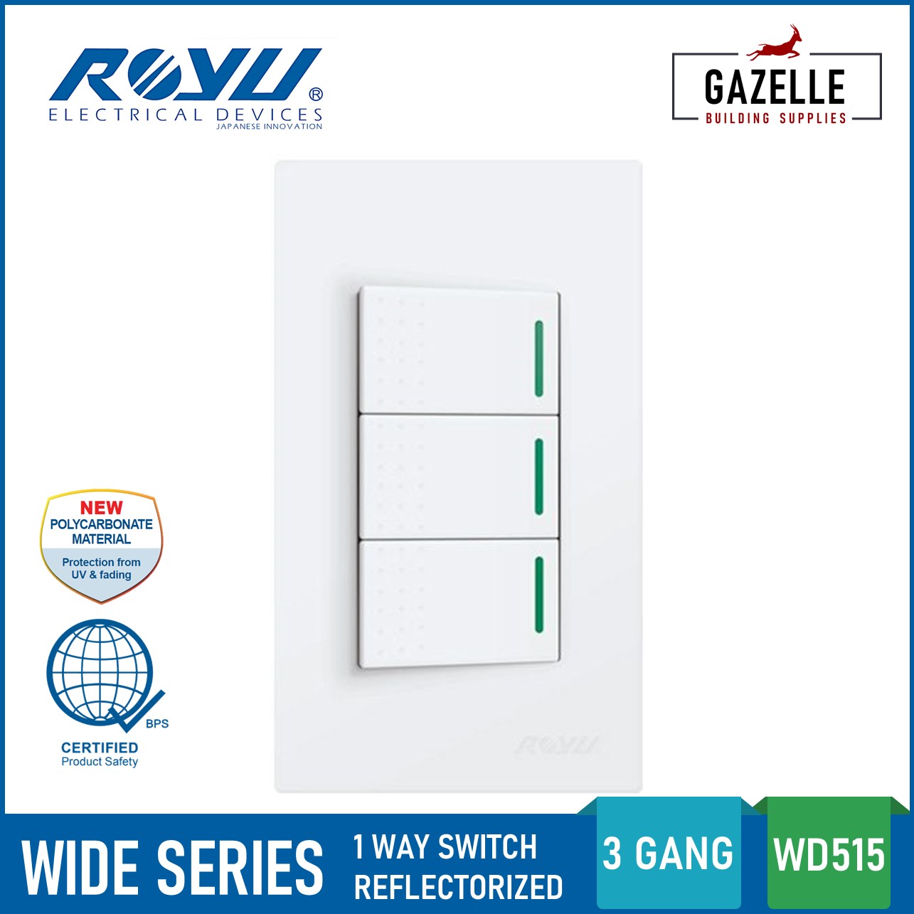 Royu Wide Series 1 Way Switch with Reflector - 1, 2, 3 Gang WD511 WD513 ...