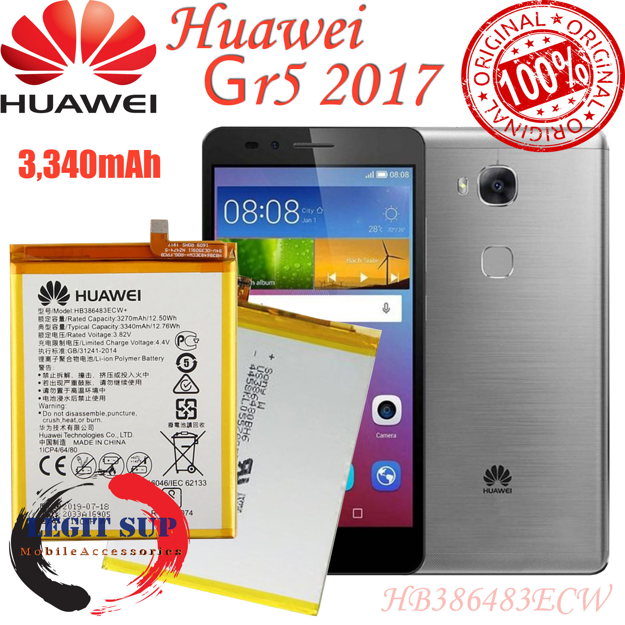 Huawei GR5 2017 Battery HB386483ECW 3340mAh (Original Equipment ...
