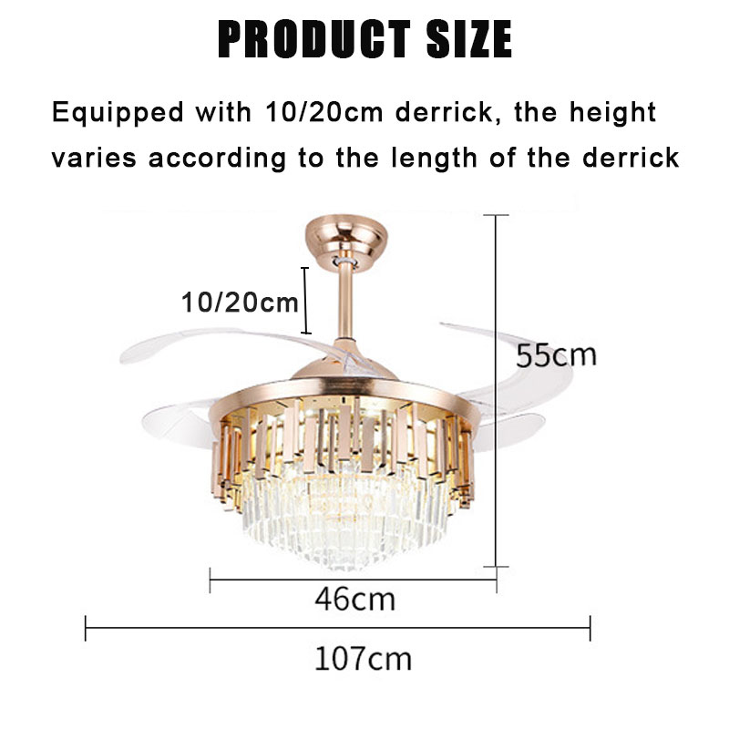 CHNT 42 Inches Retractable Crystal Ceiling Fans with Lights and Remote ...