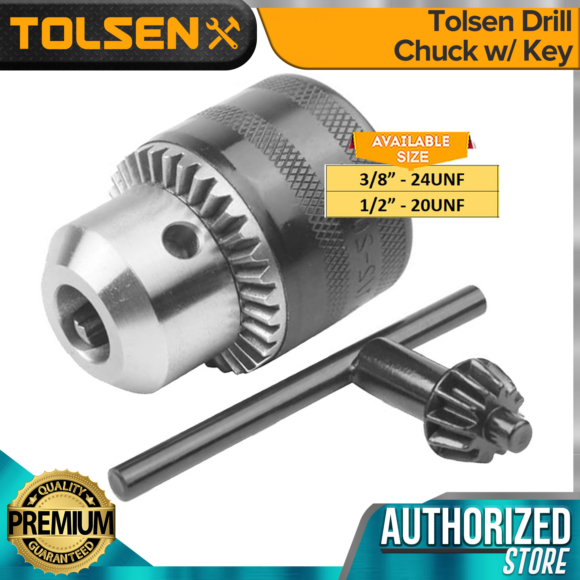 Tolsen Drill Chuck w/ Key (10mm 3/8"-24UNF | 13mm 1/2"-20UNF) Quick ...