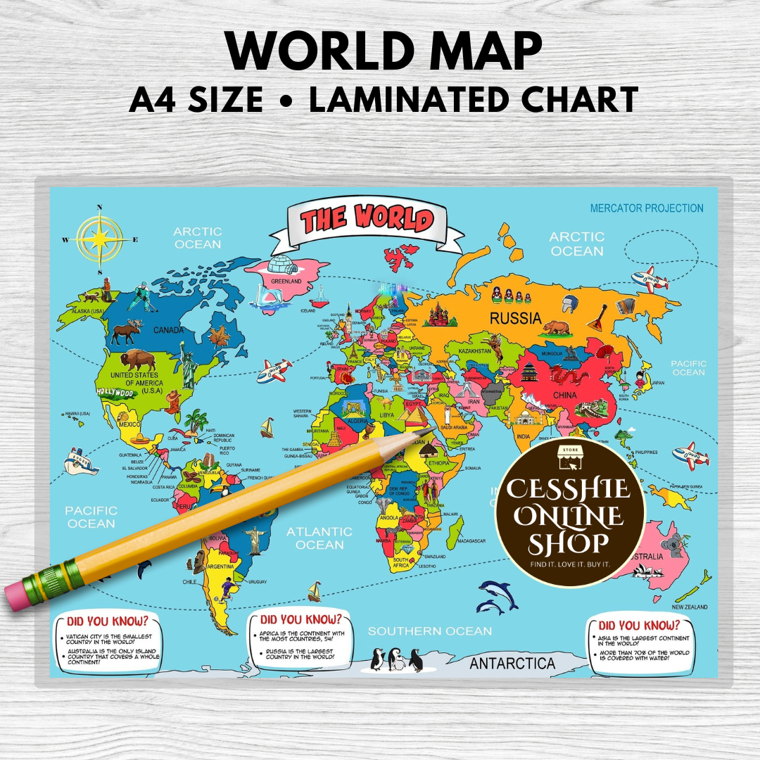 LAMINATED WORLD MAP CHARTS | A4 SIZE CHARTS | EDUCATIONAL CHARTS FOR ...