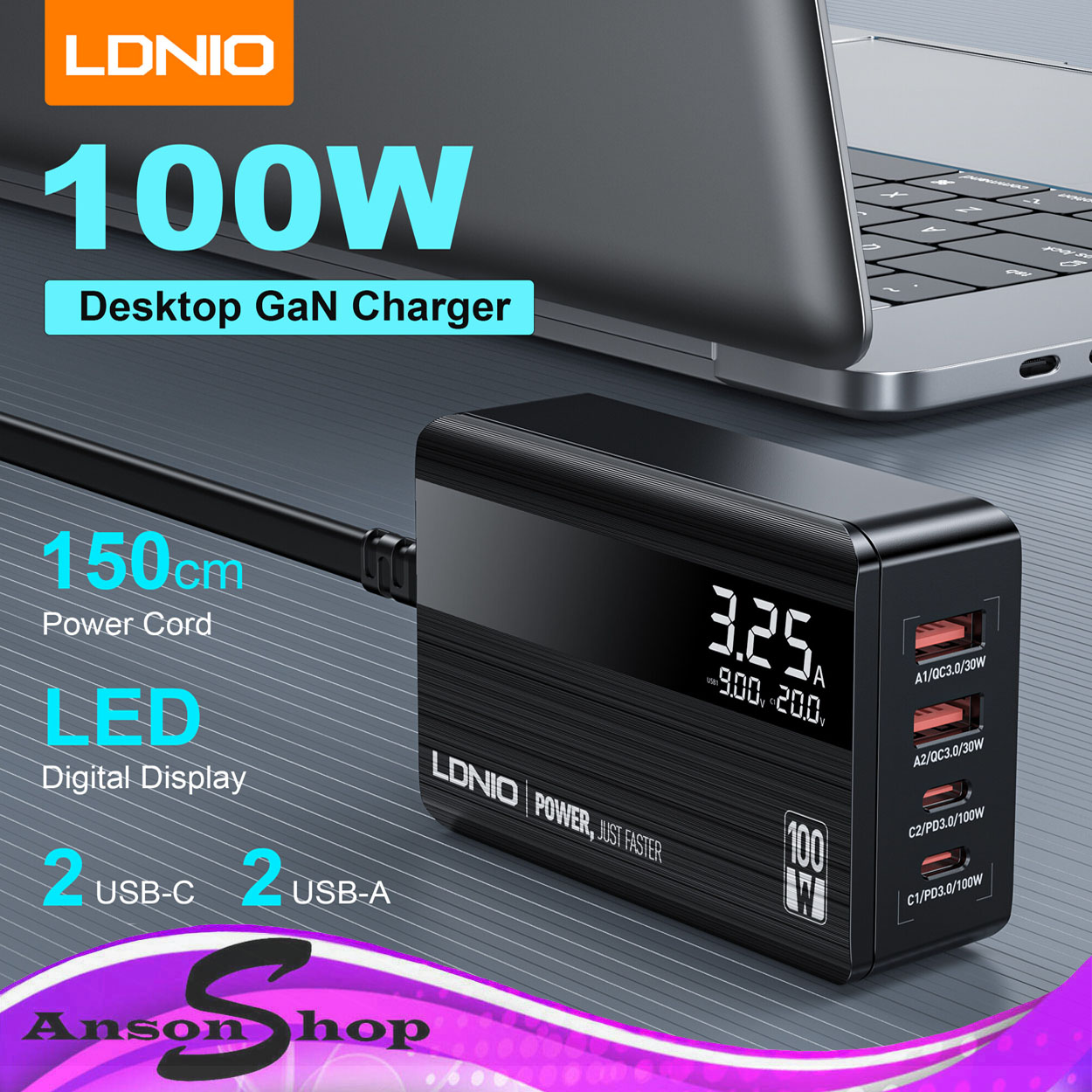 LDNIO 100W Charger USB-C Charger Fast Charging 4 Port Adapter Wall ...