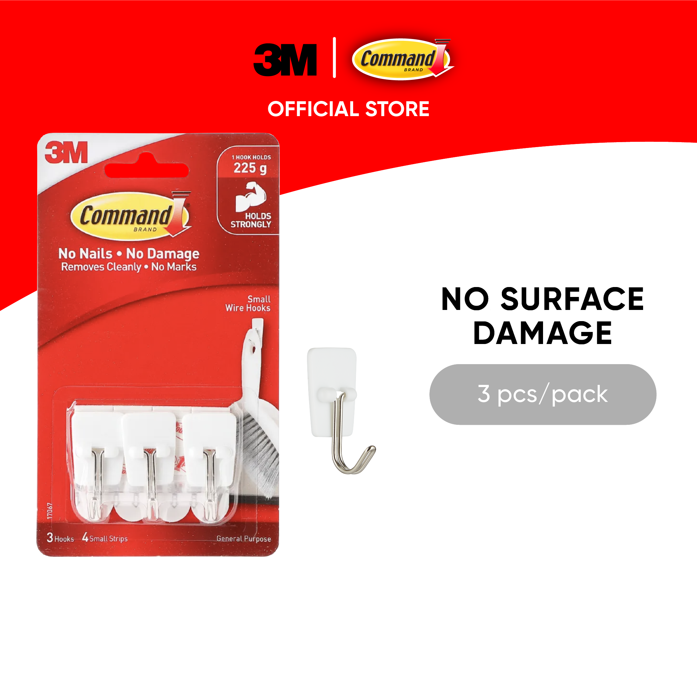 3M Command Wire Hooks, Small, 3 Hooks, 4 Strips, Holds up to 225g ...
