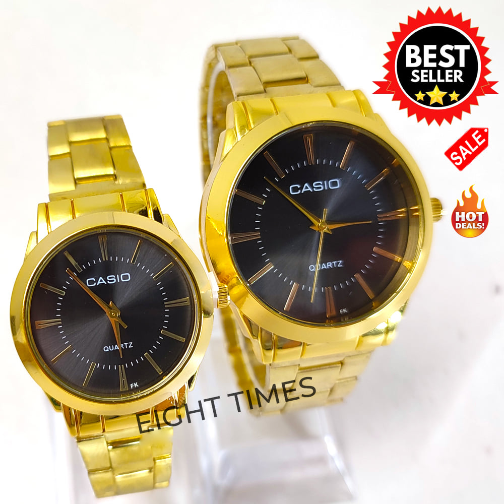 Casio Analog Quartz Gold Black Dial Stainless Steel Couple Watch ...