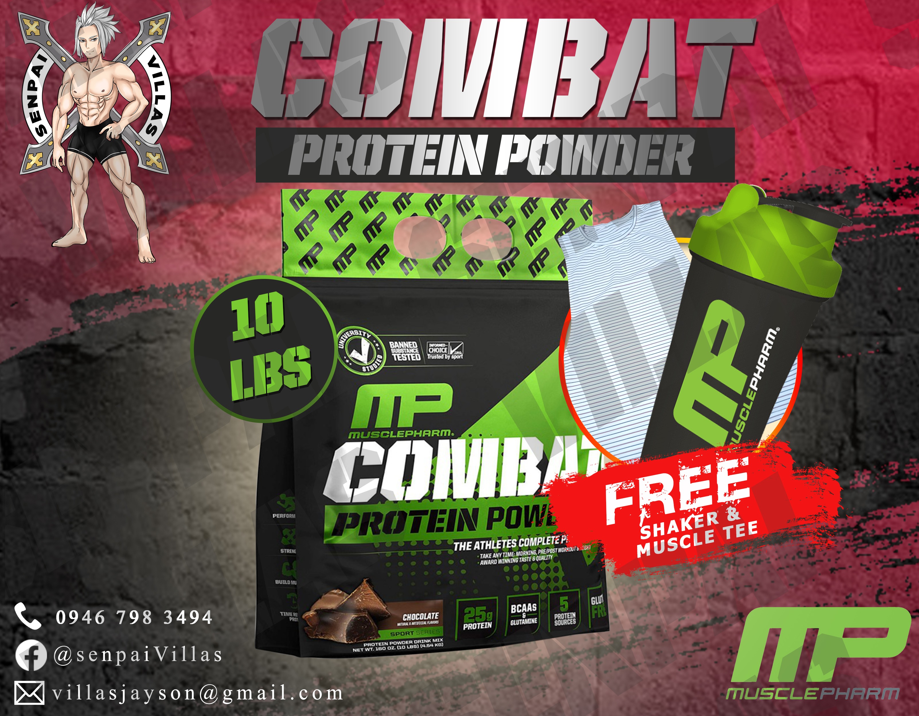 MUSCLE PHARM COMBAT PROTEIN POWDER 10LBS WITH FREE SHAKER AND MUSCLE ...