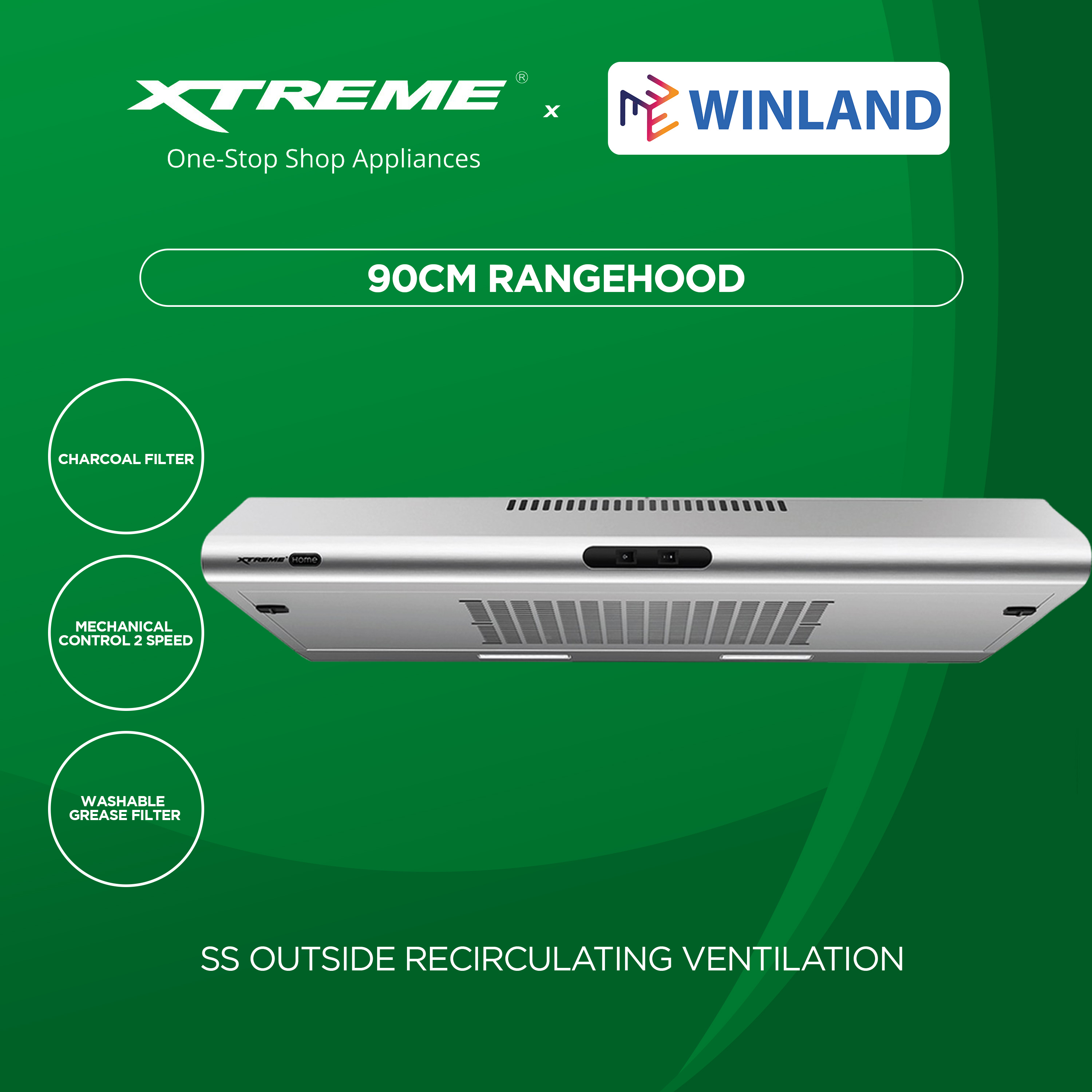 XTREME HOME by Winland 90cm Rangehood Wall-mount Stainless Steel 3-Speed Push Button w/ LED ...