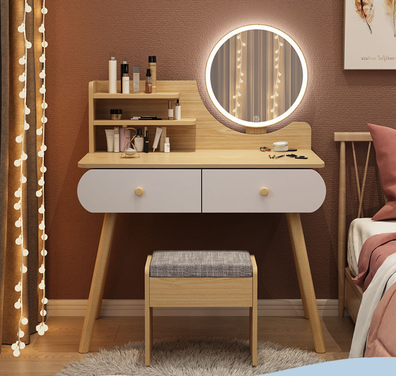 Oval Mirror Vanity Table Circular Wooden Vanity Dresser with LED Lights ...