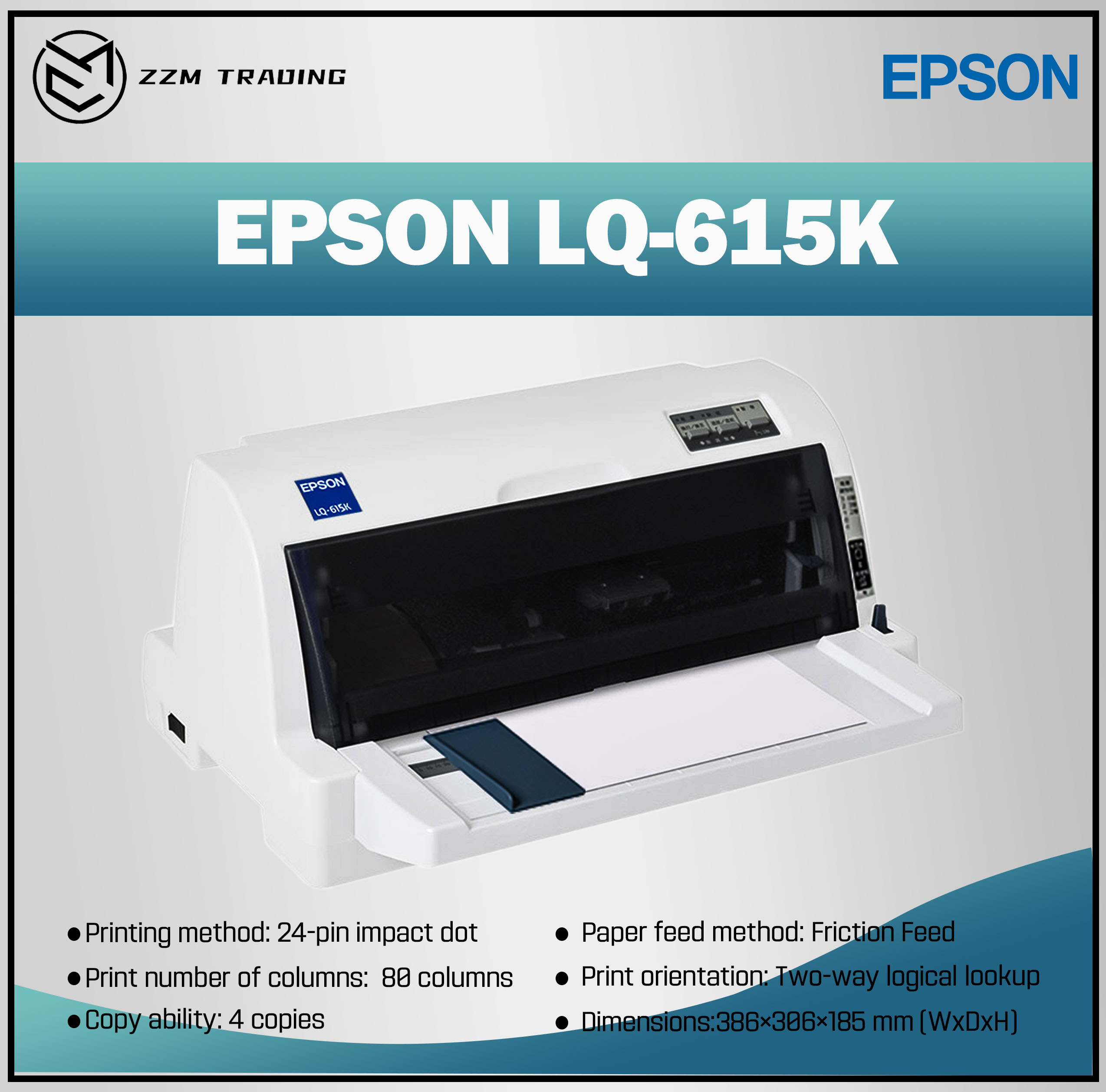 Epson LQ-615K Printer 24-pin 80 columns 57dB 70-257mm 50-60Hz ZZM ...