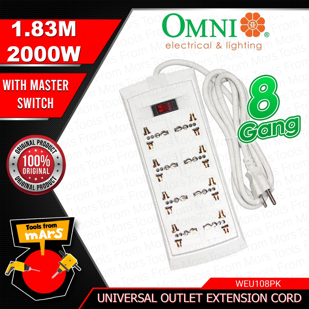 OMNI Universal Outlet Extension Cord 8 Gang with Switch Power Strip ...