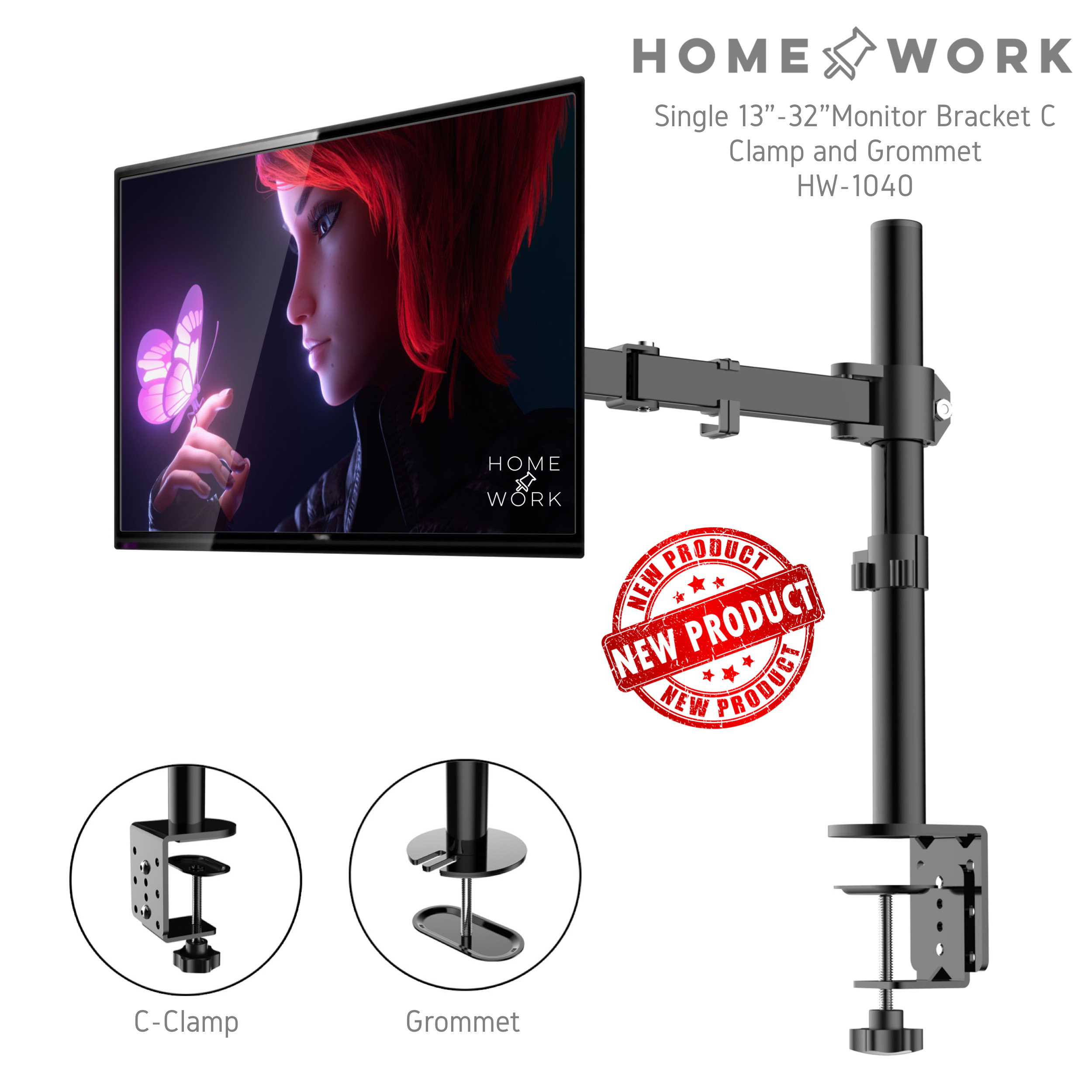 HW1040 Single 13”-32” Monitor Bracket C Clamp and Grommet, Metal Black ...