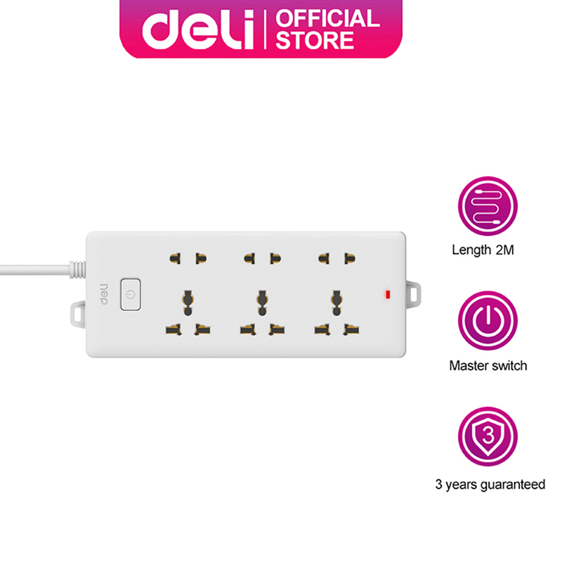 Deli E18339(02) Extension Cord 6 Gang Household Power Strip White ...