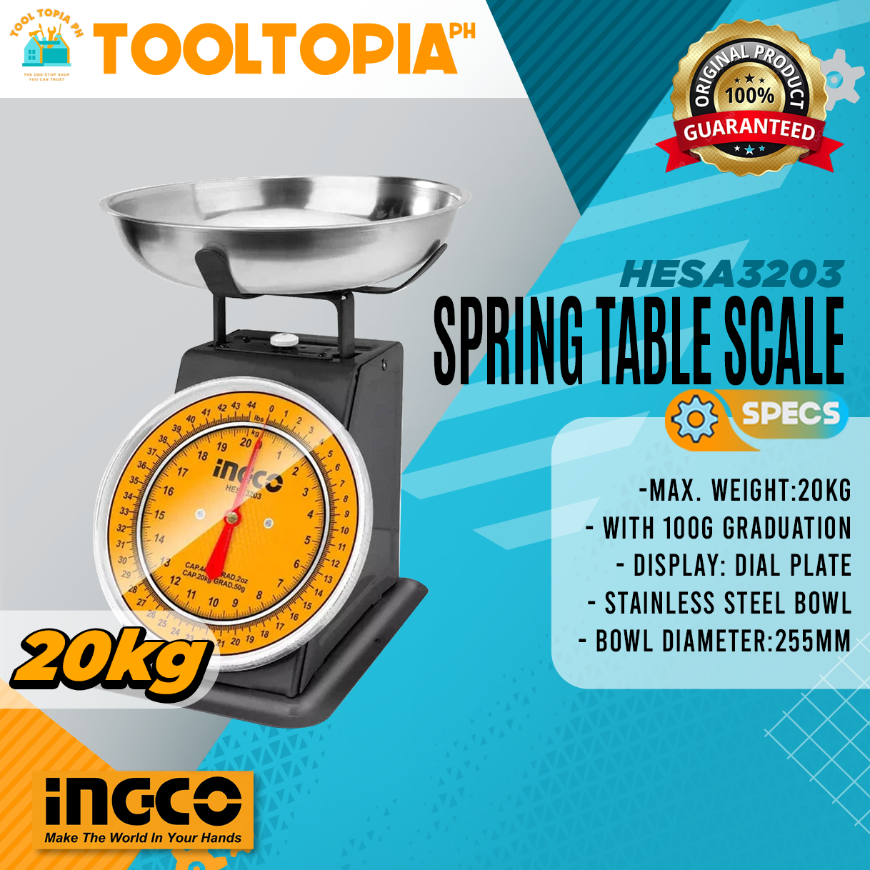 Ingco HESA3203 20kg Spring Table Scale with Stainless Steel Bowl IHT HD ...
