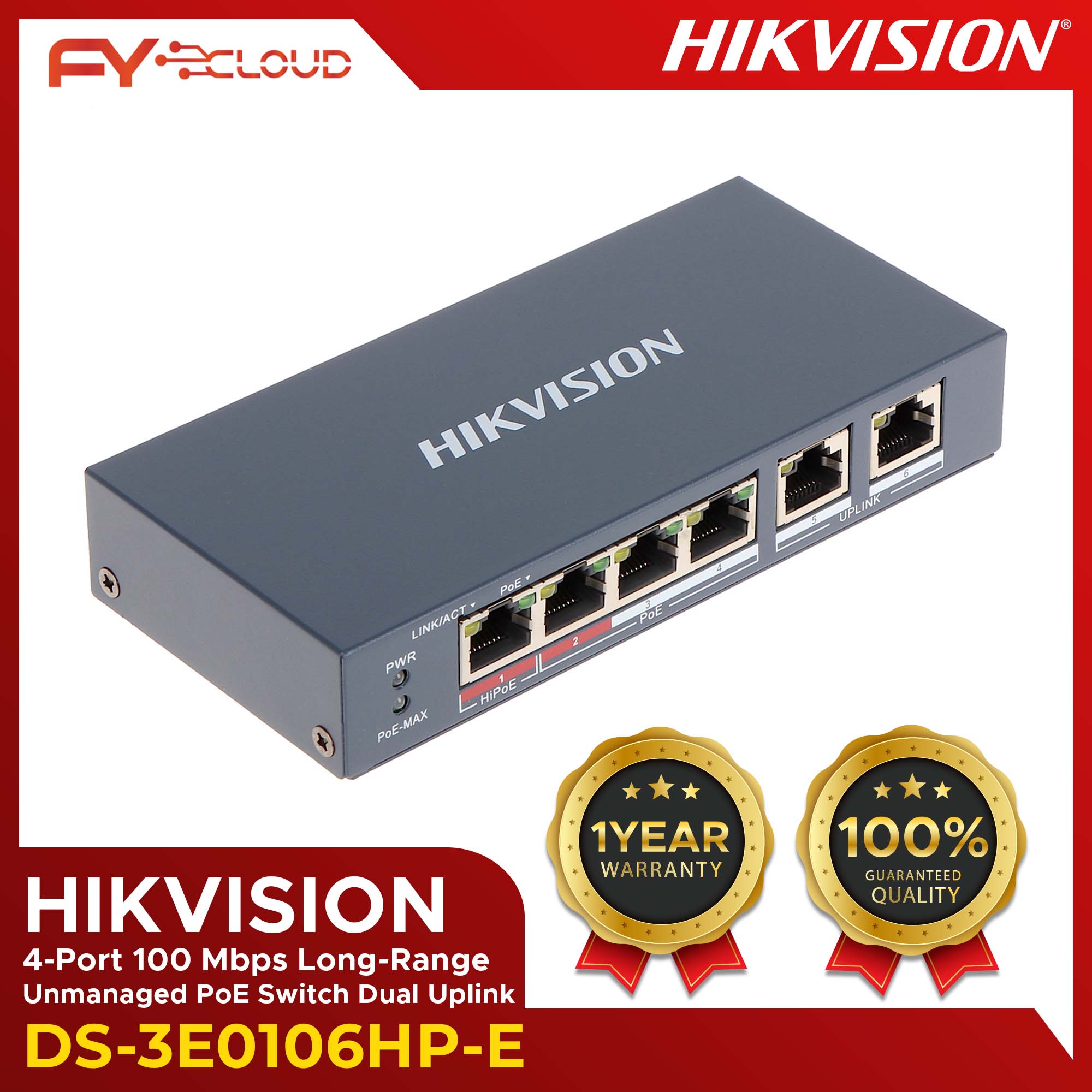 HIKVISION | Switch | DS-3E0106HP-E 4-Port 100 Mbps Long-Range Unmanaged ...