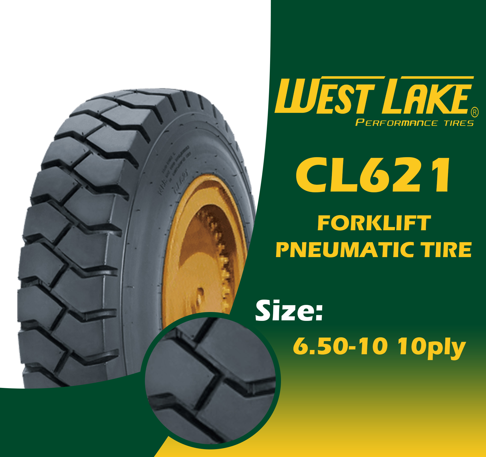 Westlake 6.50-10 10ply CL621 Forklift Pneumatic Tire (with Free Tube ...