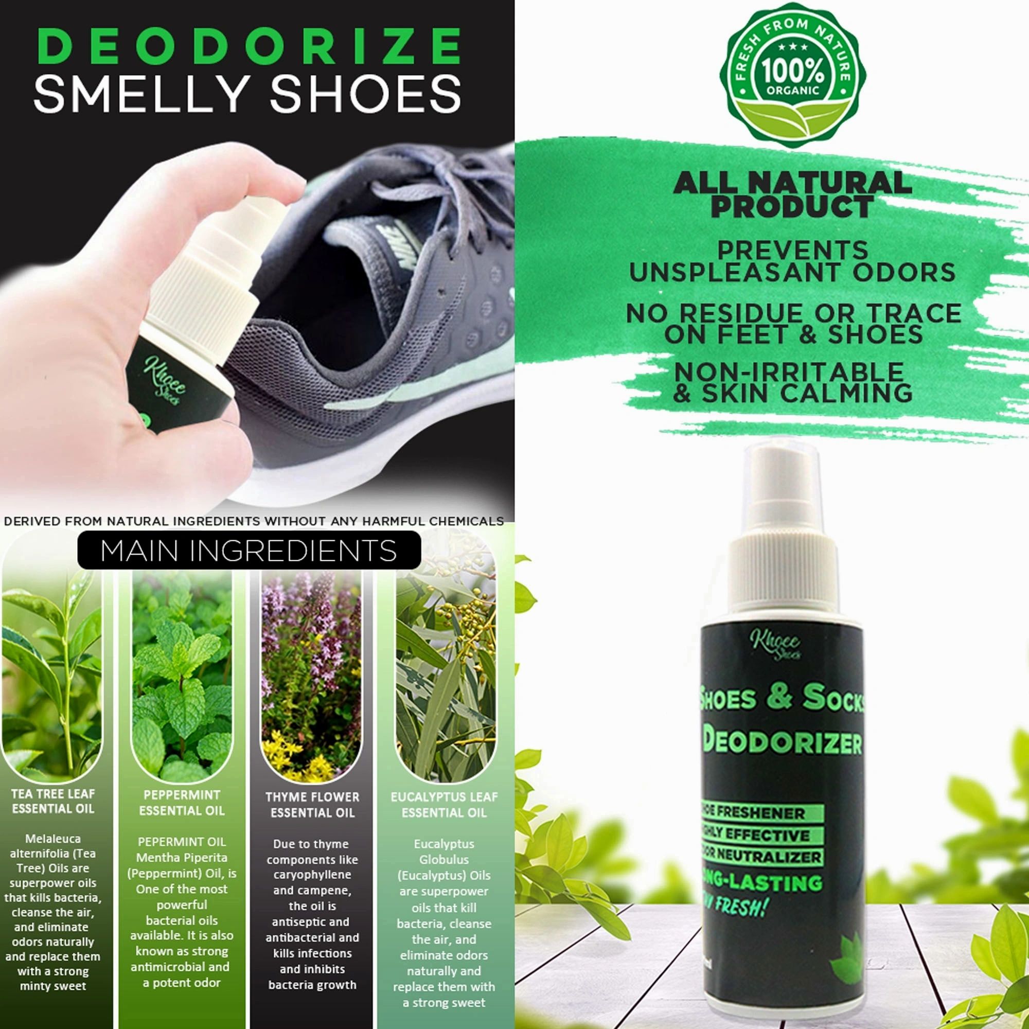 Natural Shoe Spray Shoes & Socks Deodorizer, Shoe Freshener and Odor ...