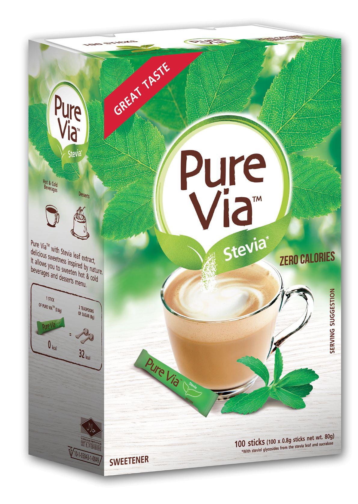 Pure Via Stevia Zero Calorie Sweetener 100 Sticks - 4 es (Stevia ...