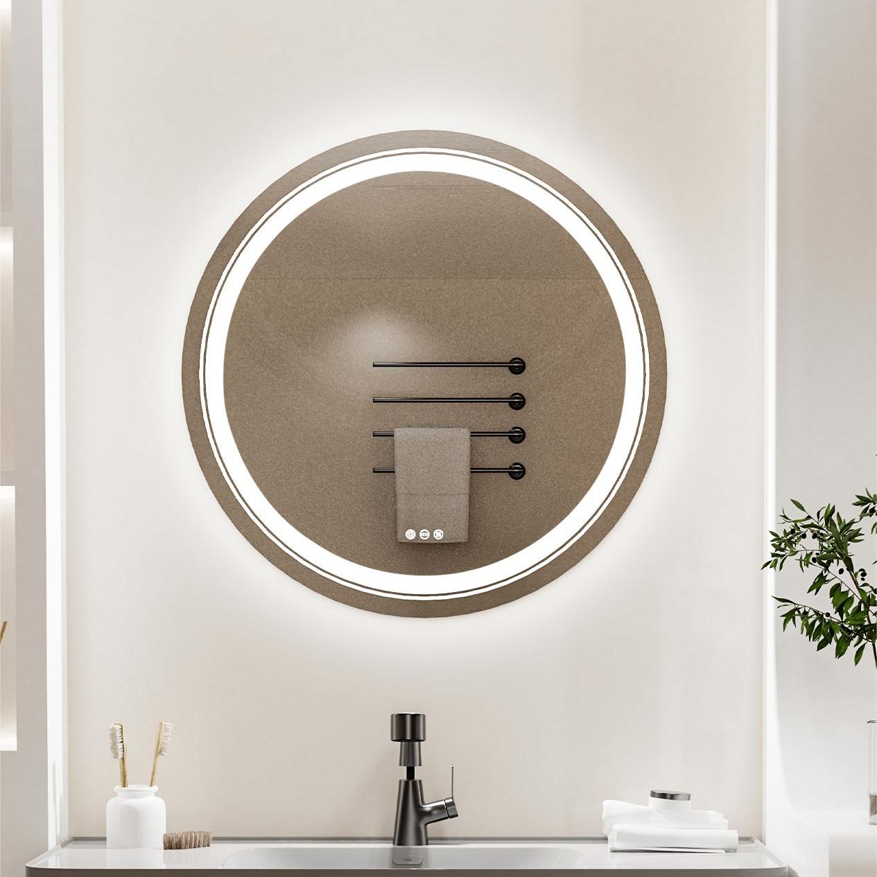 UNHO 24 Inch Round LED Bathroom Mirror with Lights Touch Anti-fog ...