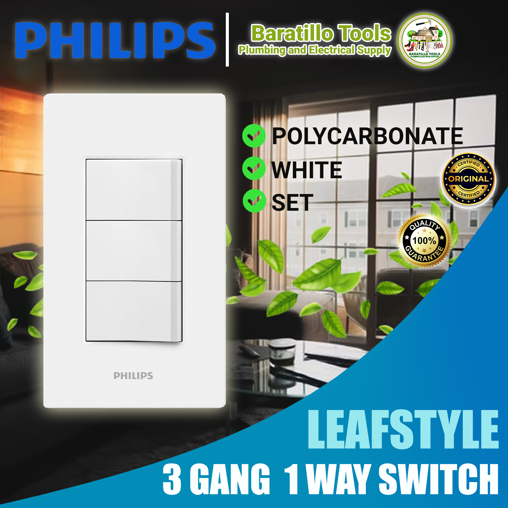 Original Philips Leafstyle Switches 1 Gang, 2 Gang & 3 Gang 1 Way and 3 ...