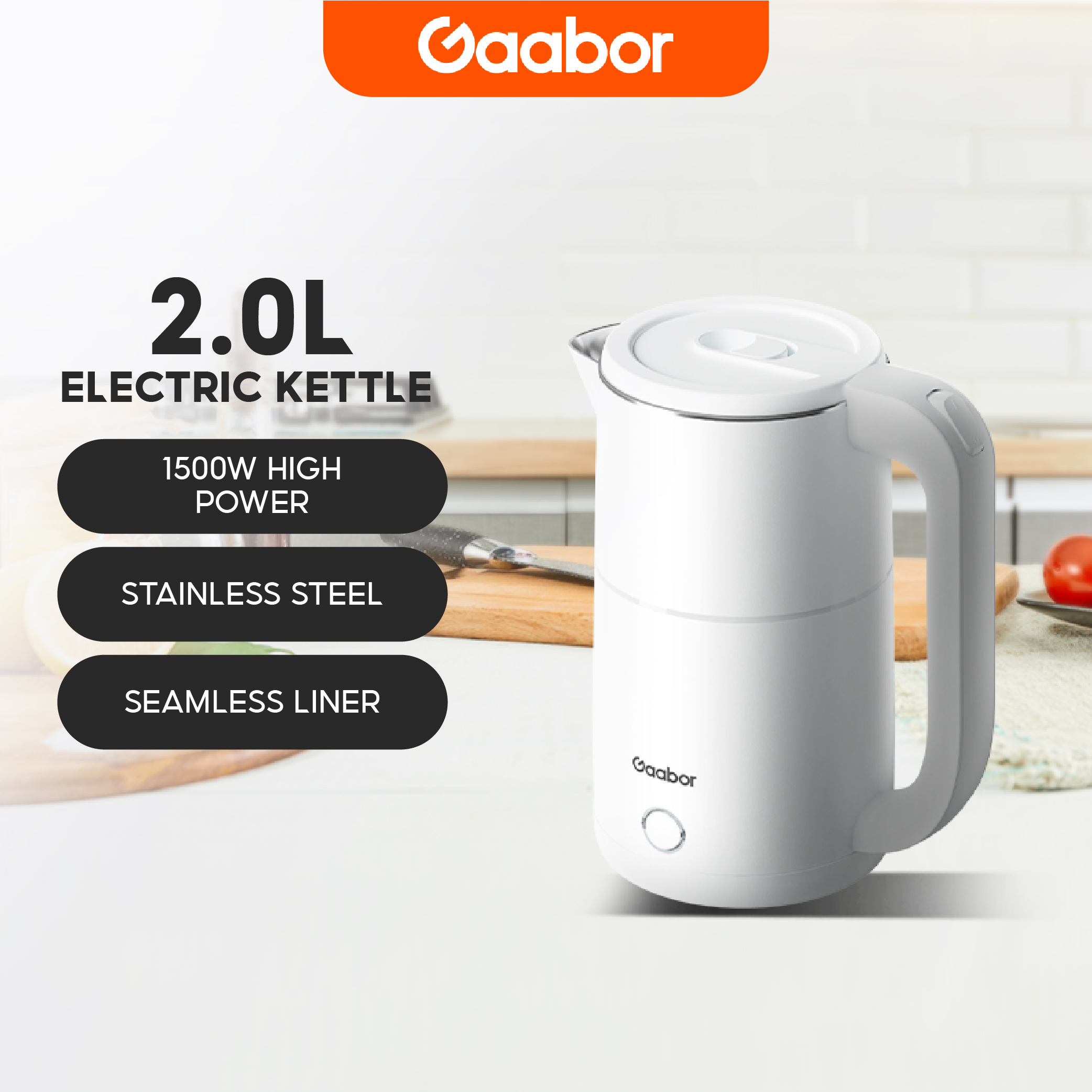 Gaabor Stainless Electric Kettle 2L 1500W Power Fast Boiling with Anti ...