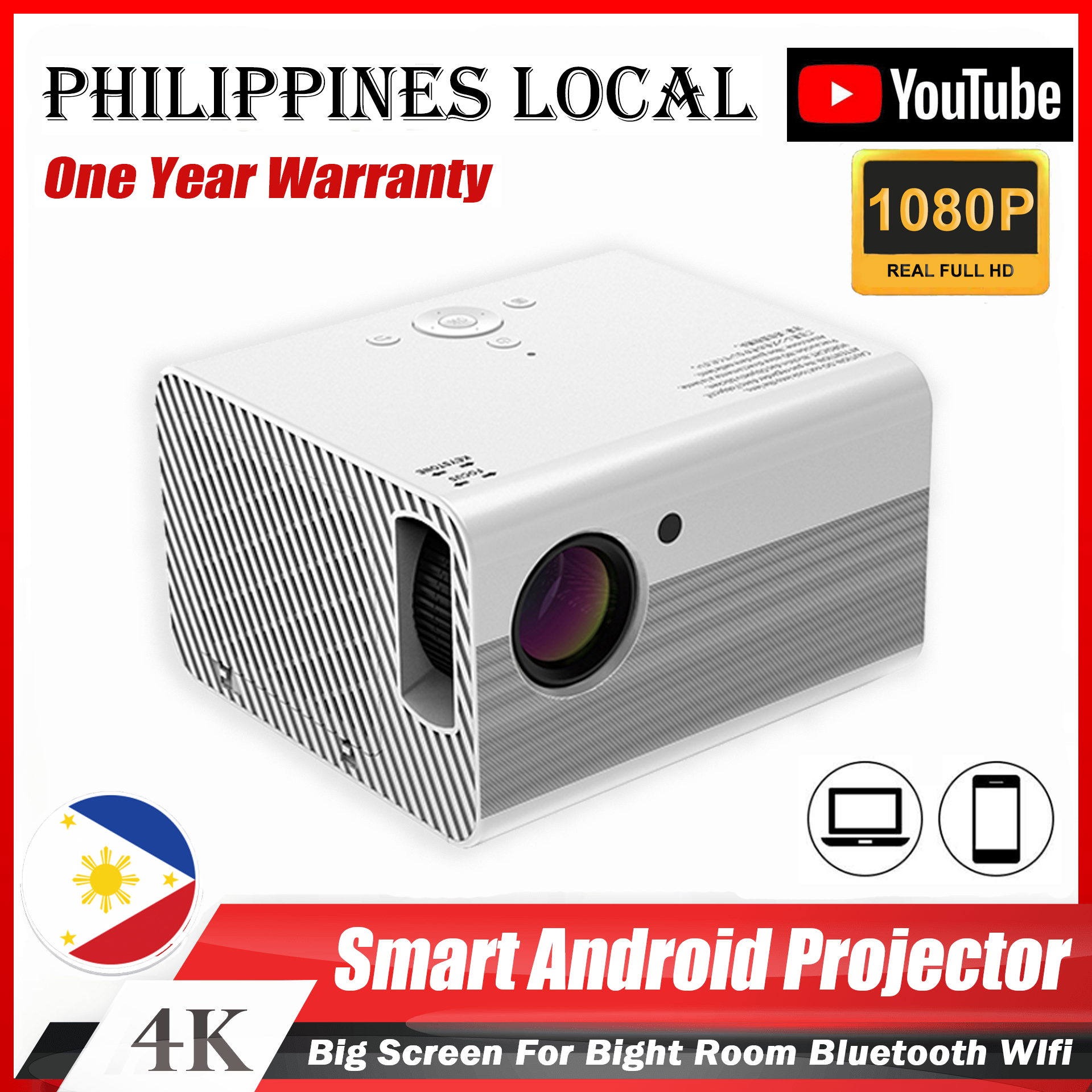 【Philippines Seller】1080P T10 4K Projector Android Mirror Screen for ...