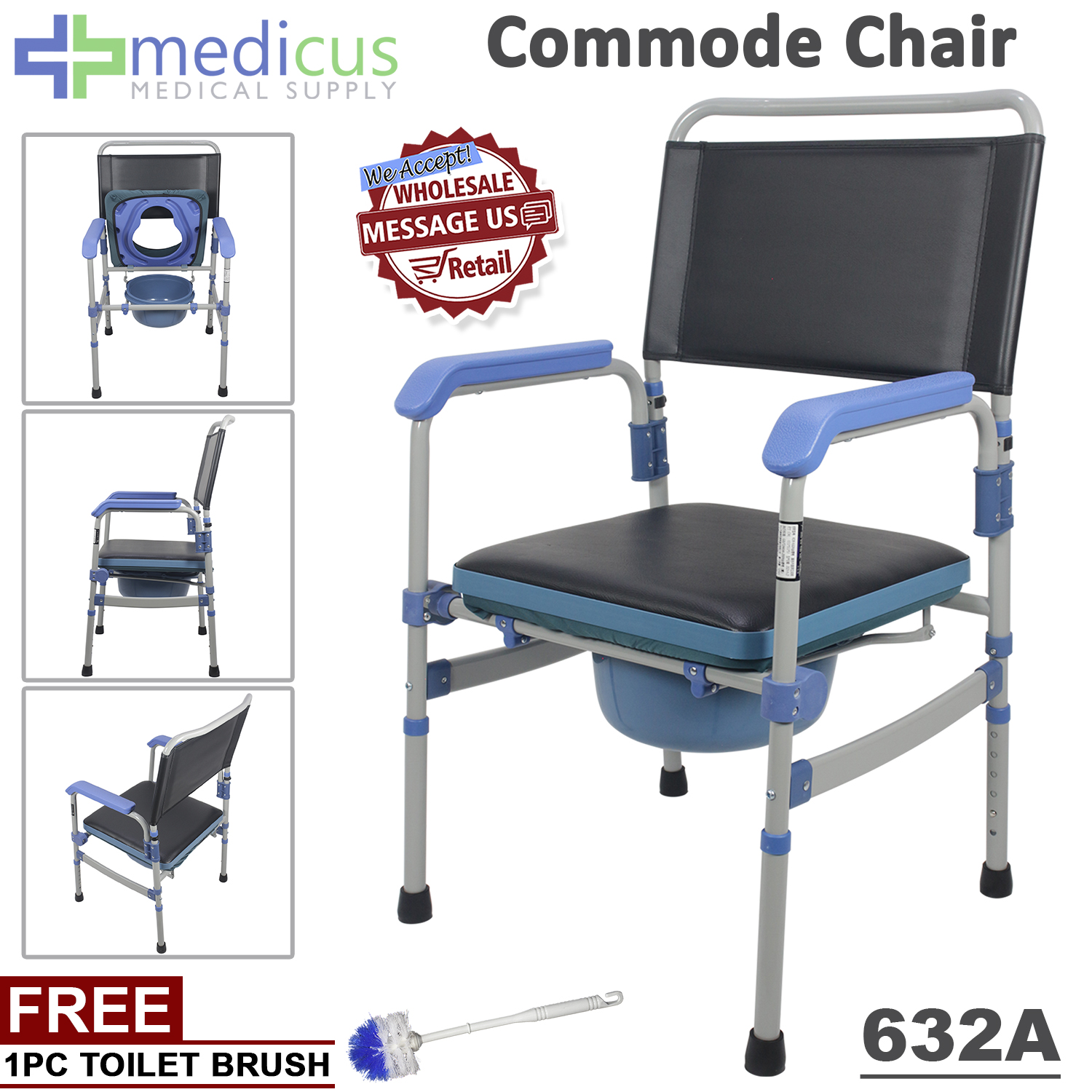 Medicus 632A Heavy Duty Foldable Commode Chair Toilet Shower Chair ...