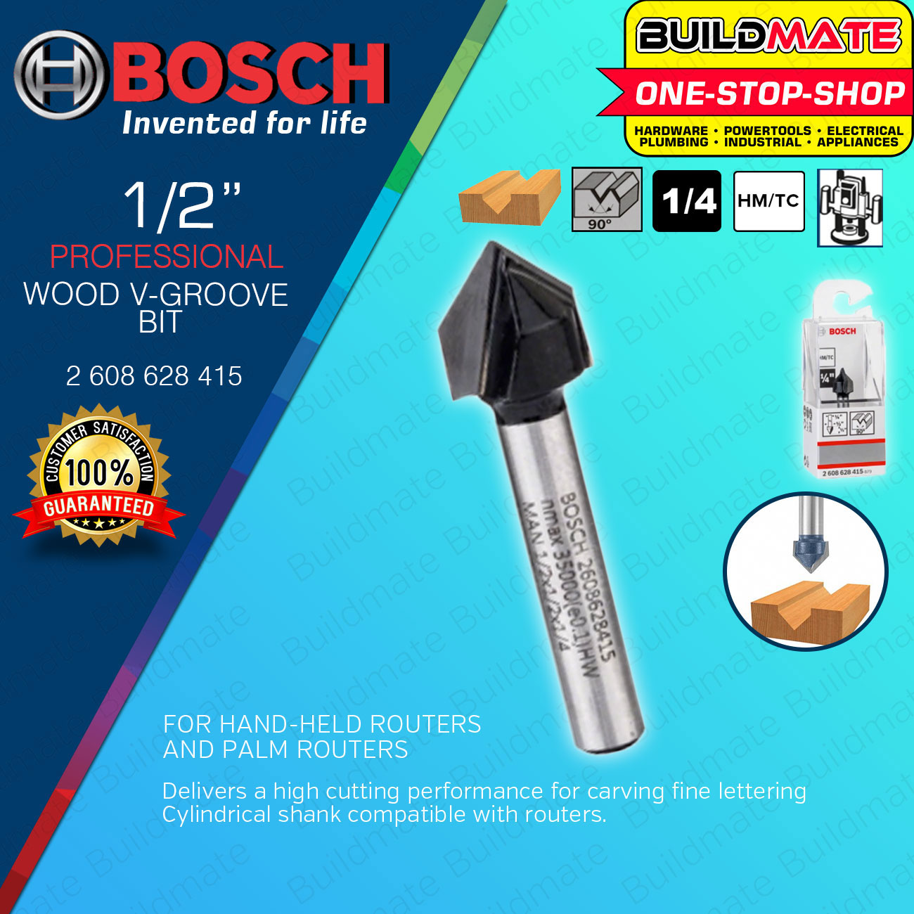 BUILDMATE Bosch 1/4" Inch V-Groove Router Bit Cutter 1/2" - 3/8" Inch ...
