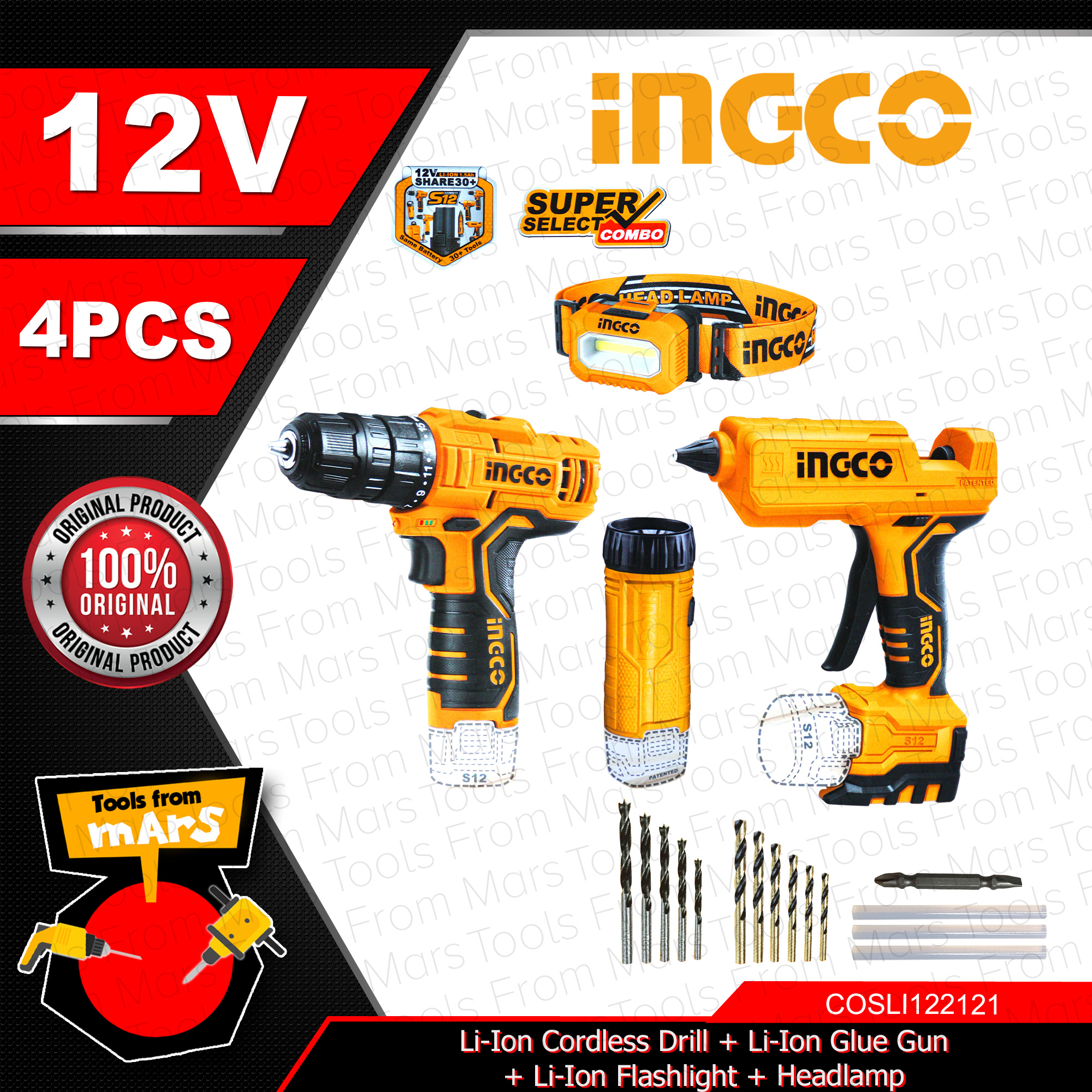 INGCO Li-Ion Cordless 4PCS Combo Kit Set 12V Drill, Glue Gun, Head Lamp ...