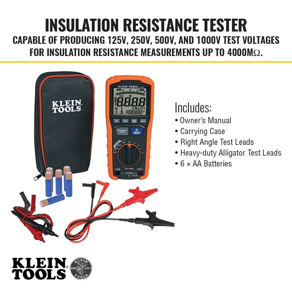 Klein Tools ET600 Multimeter, Megohmmeter Insulation Tester, 4000 Ohms ...