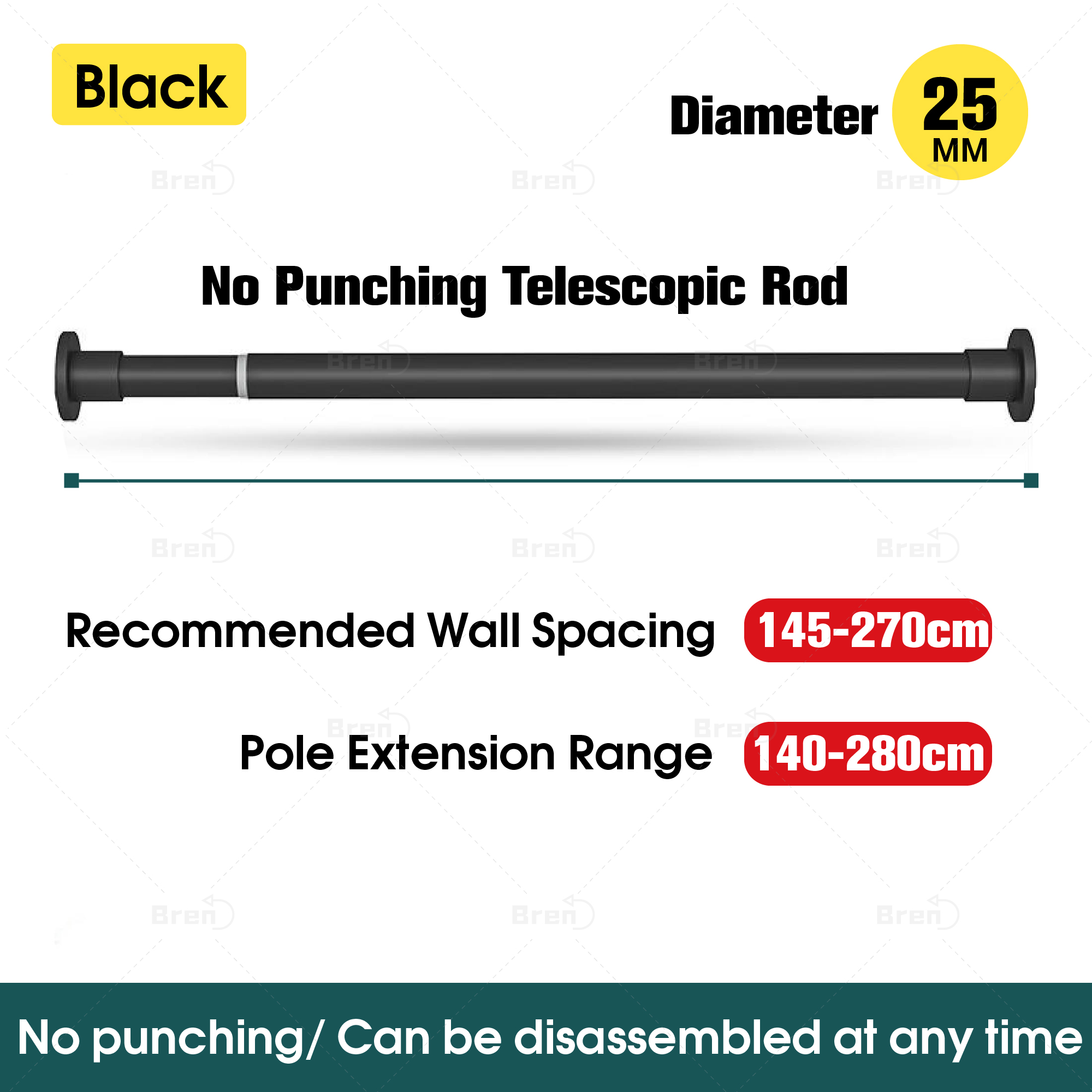Bren Punch-free Shower Curtain Rod Adjustable Telescopic Rod Extended ...